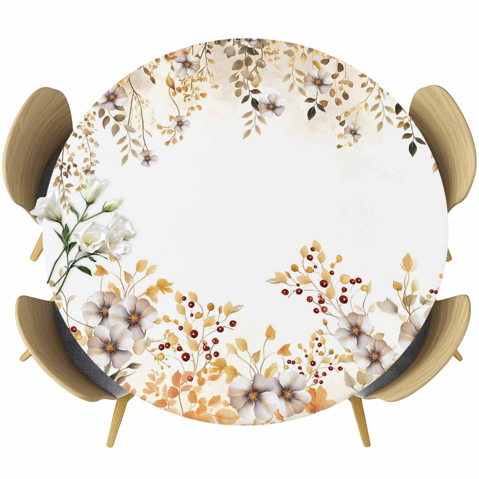 Flowers Leaves Round Tablecloth, Fitted Table Cover with Elastic for 55 ...