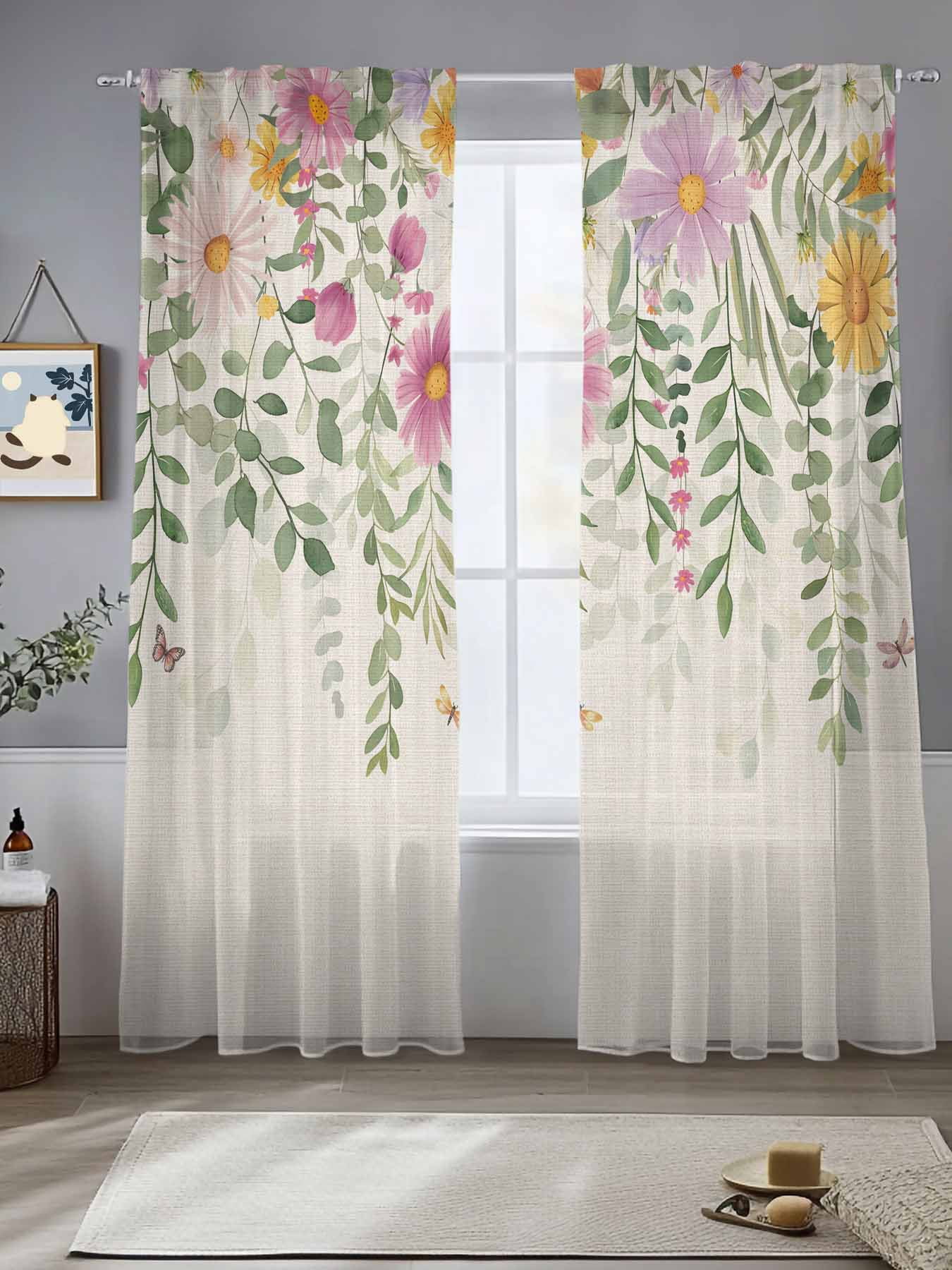Flowers Leaves Sheer Curtains for Living Room Bedroom Farmhouse Spring ...
