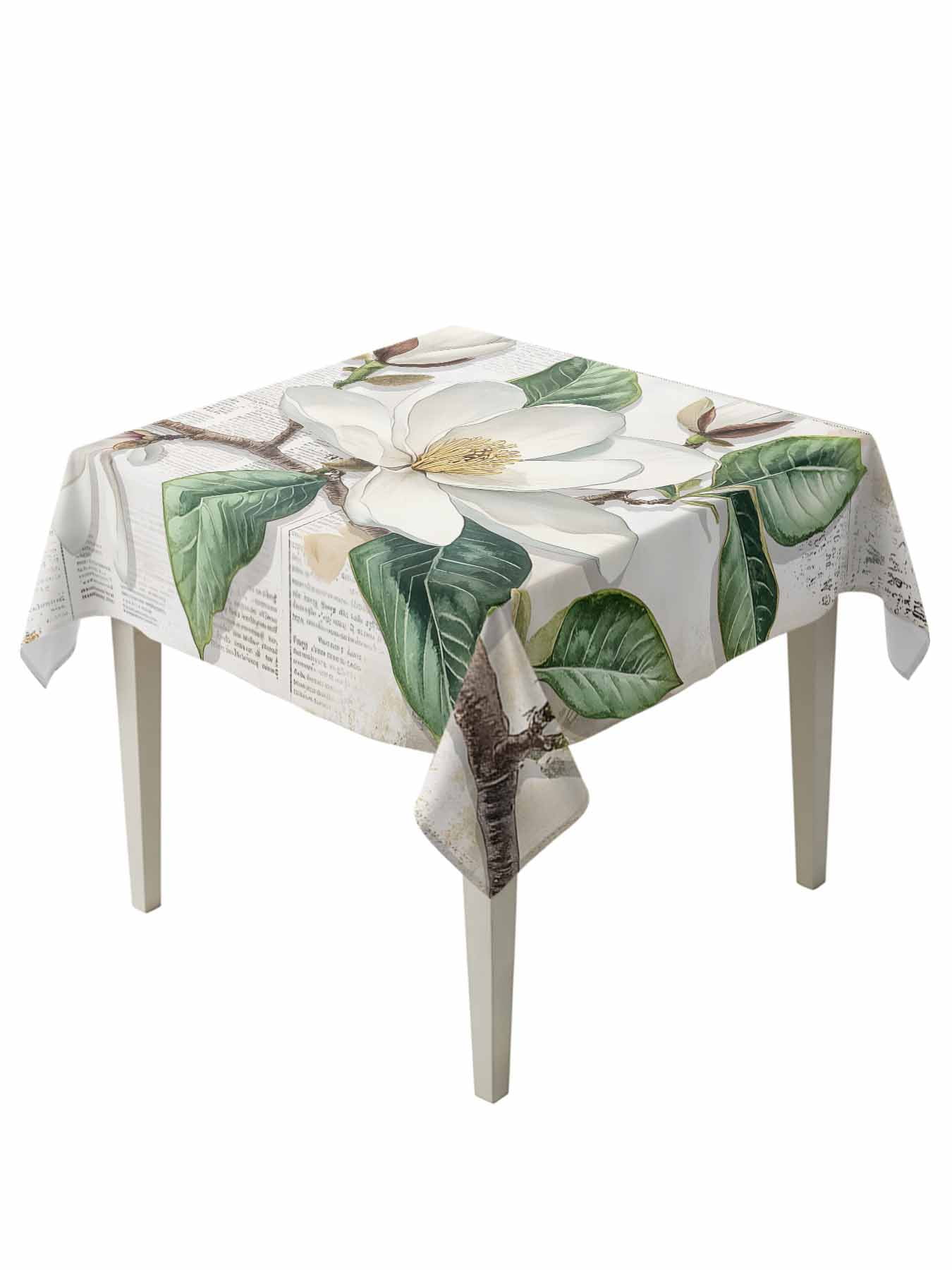 Flowers Leaves Table Cloth, Farmhouse White Botanical Magnolia Retro ...