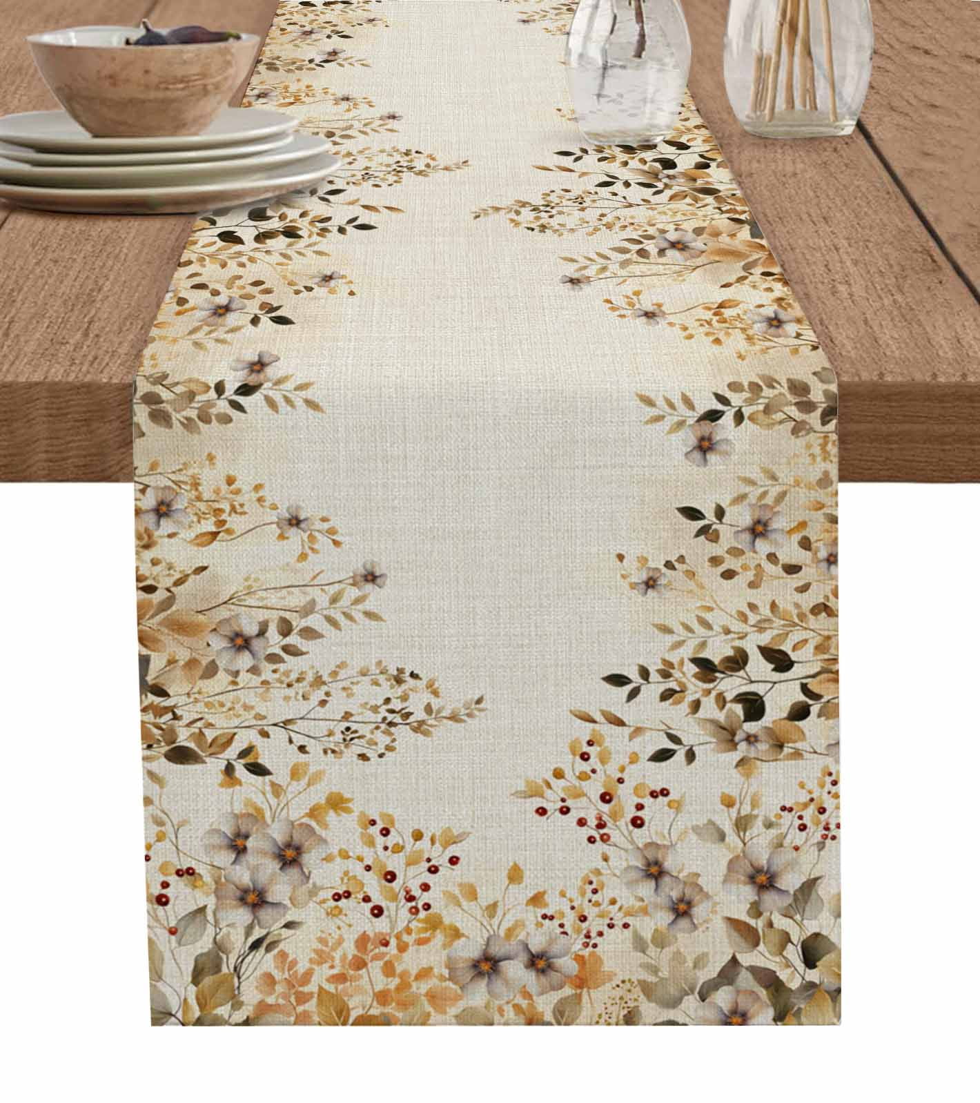 Flowers Leaves Table Runner 36 Inches, Fall Watercolor Farmhouse Floral ...
