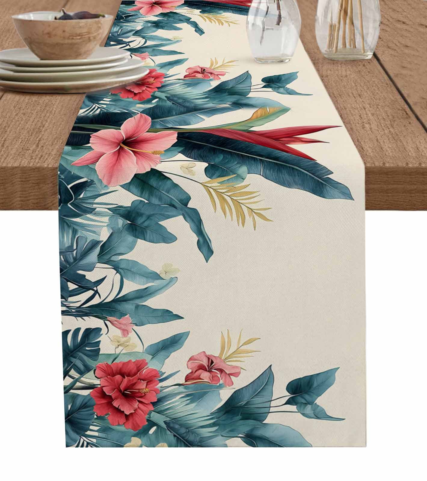 Flowers Leaves Table Runner 36 Inches, Retro Botanical Summer Tropical ...