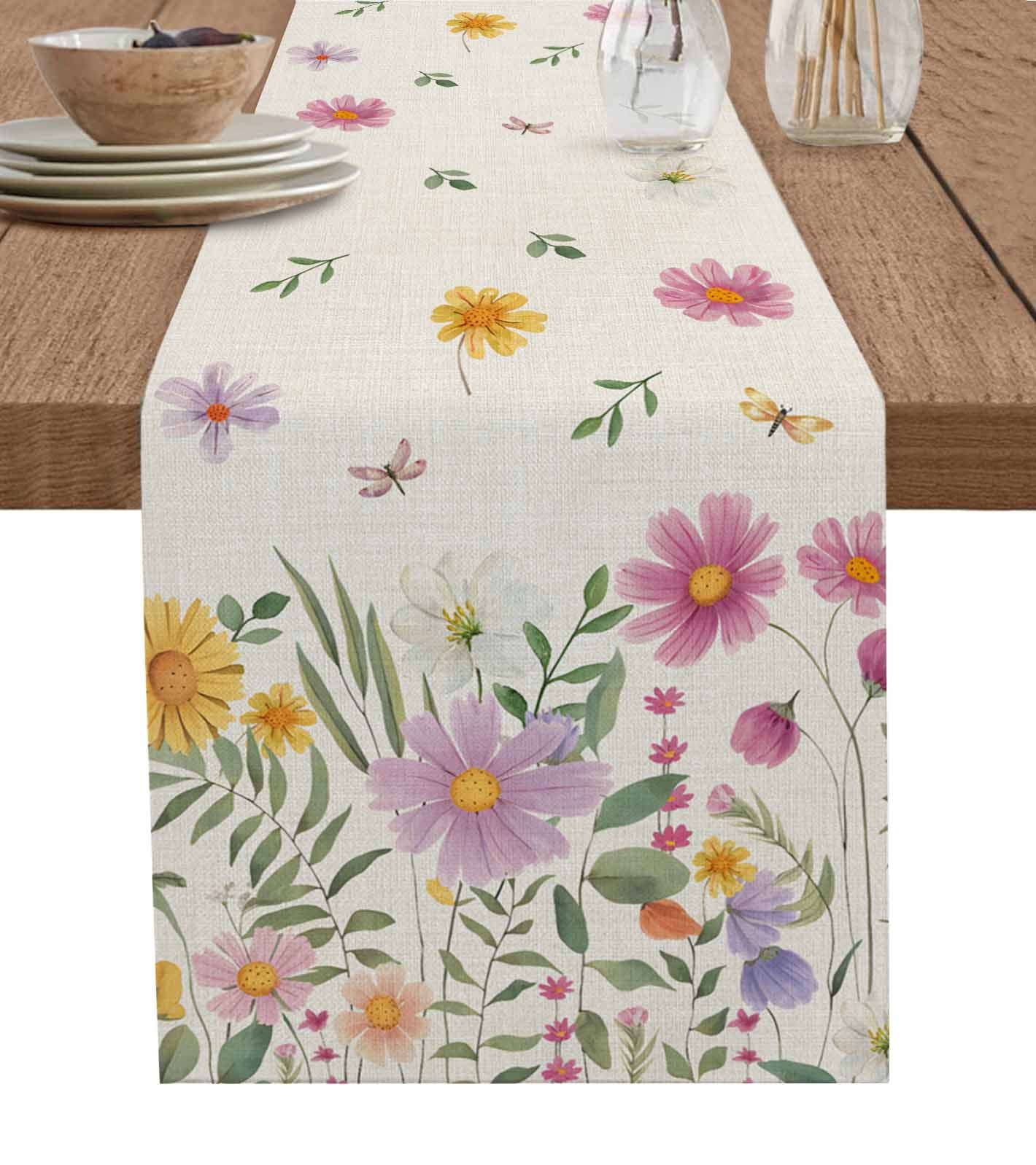 Flowers Leaves Table Runner 72 Inches, Farmhouse Spring Botanical ...
