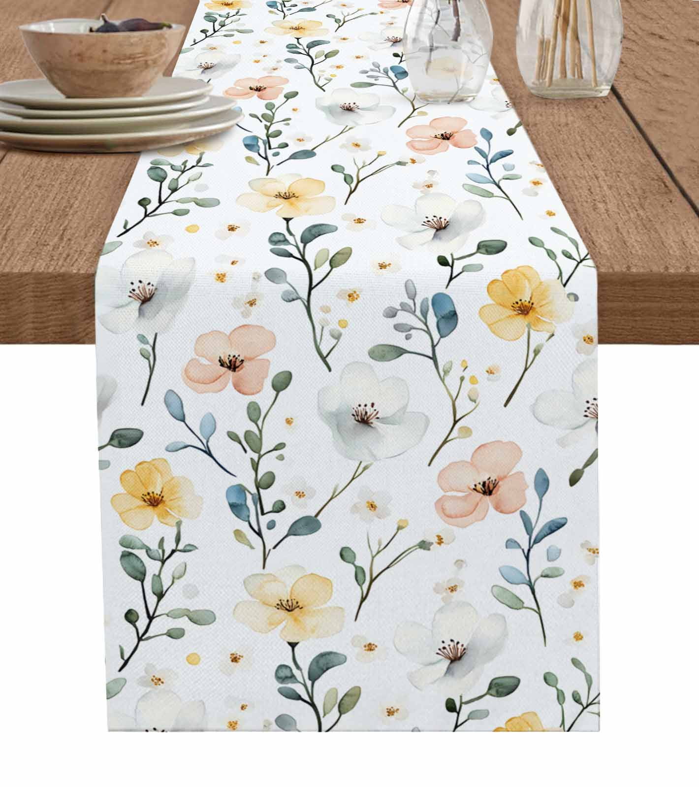 Flowers Leaves Table Runner 72 Inches, Farmhouse Spring Botanical ...