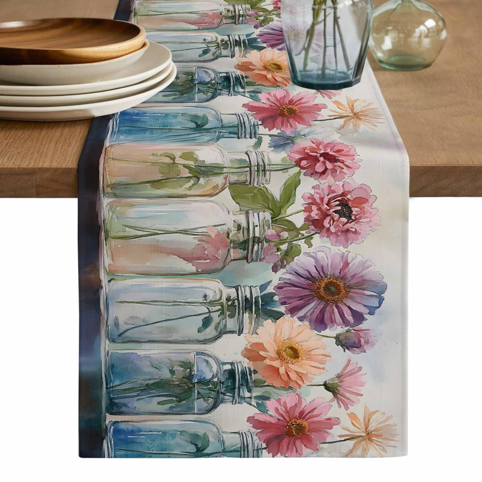 Flowers Leaves Table Runner, Farmhouse Botanical Floral Rustic Washable ...