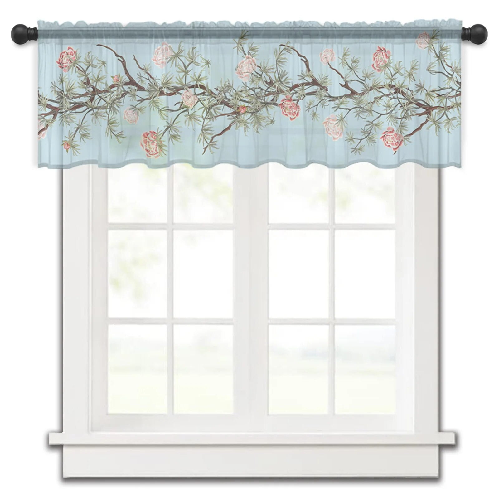 Flowers Leaves Vines Watercolor Spring Kitchen Curtains Tulle Sheer ...