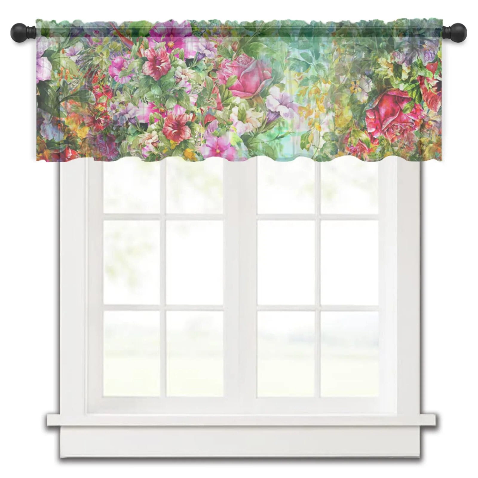 Flowers Leaves Vines Watercolor Spring Kitchen Curtains Tulle Sheer ...