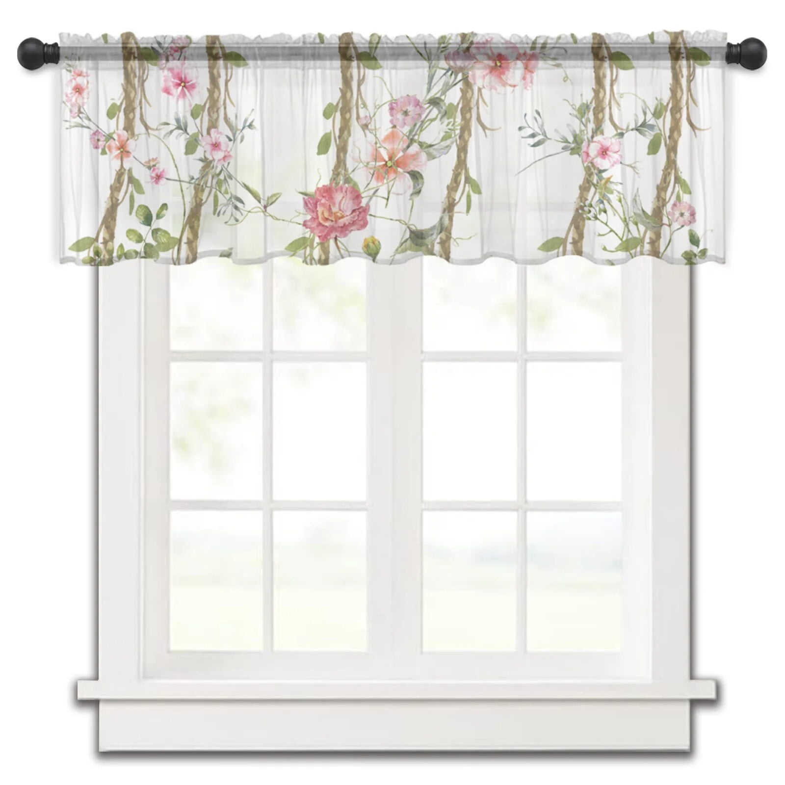 Flowers Leaves Vines Watercolor Spring Kitchen Curtains Tulle Sheer ...