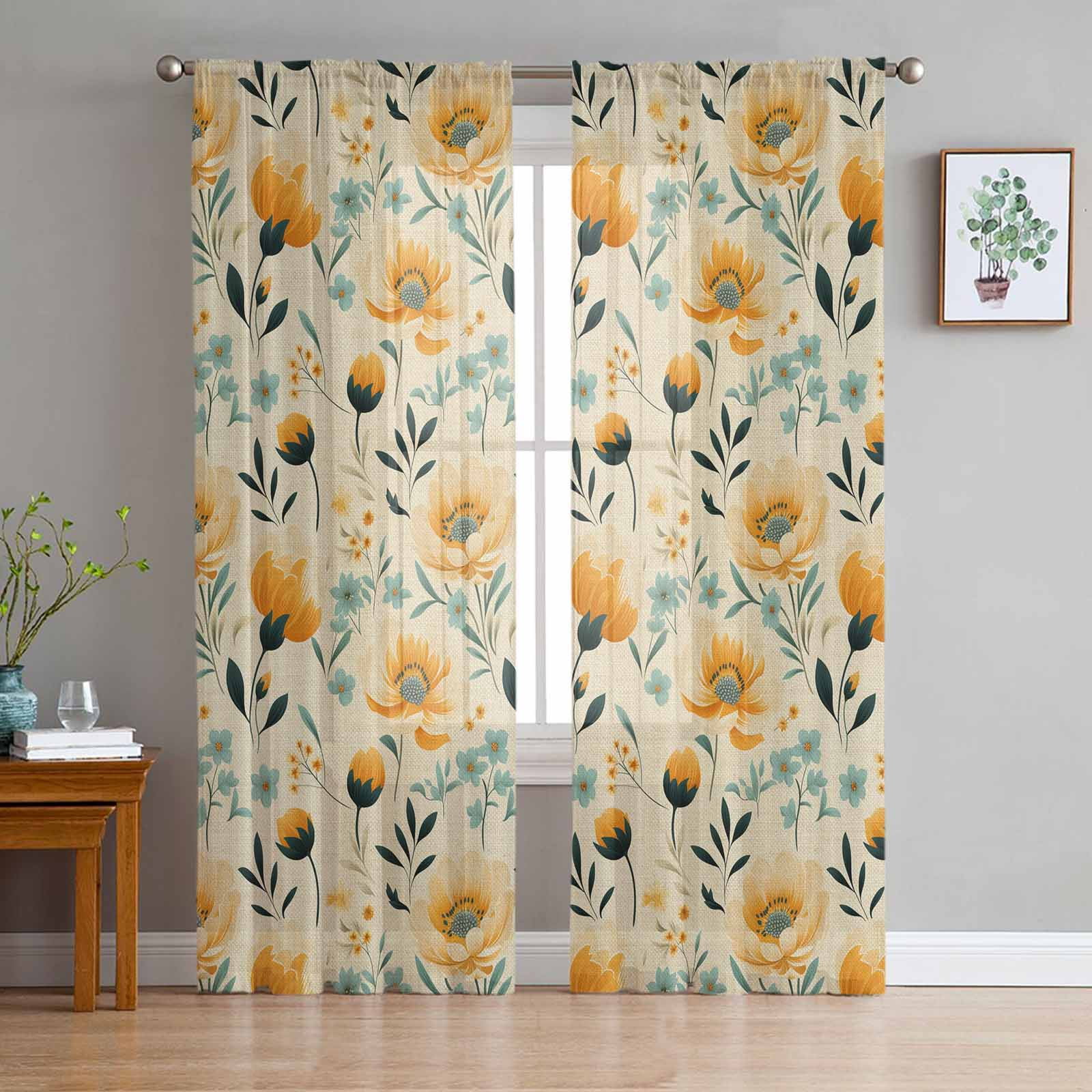 Flowers Leaves Vintage Sheer Curtains for Living Room Kitchen Window ...