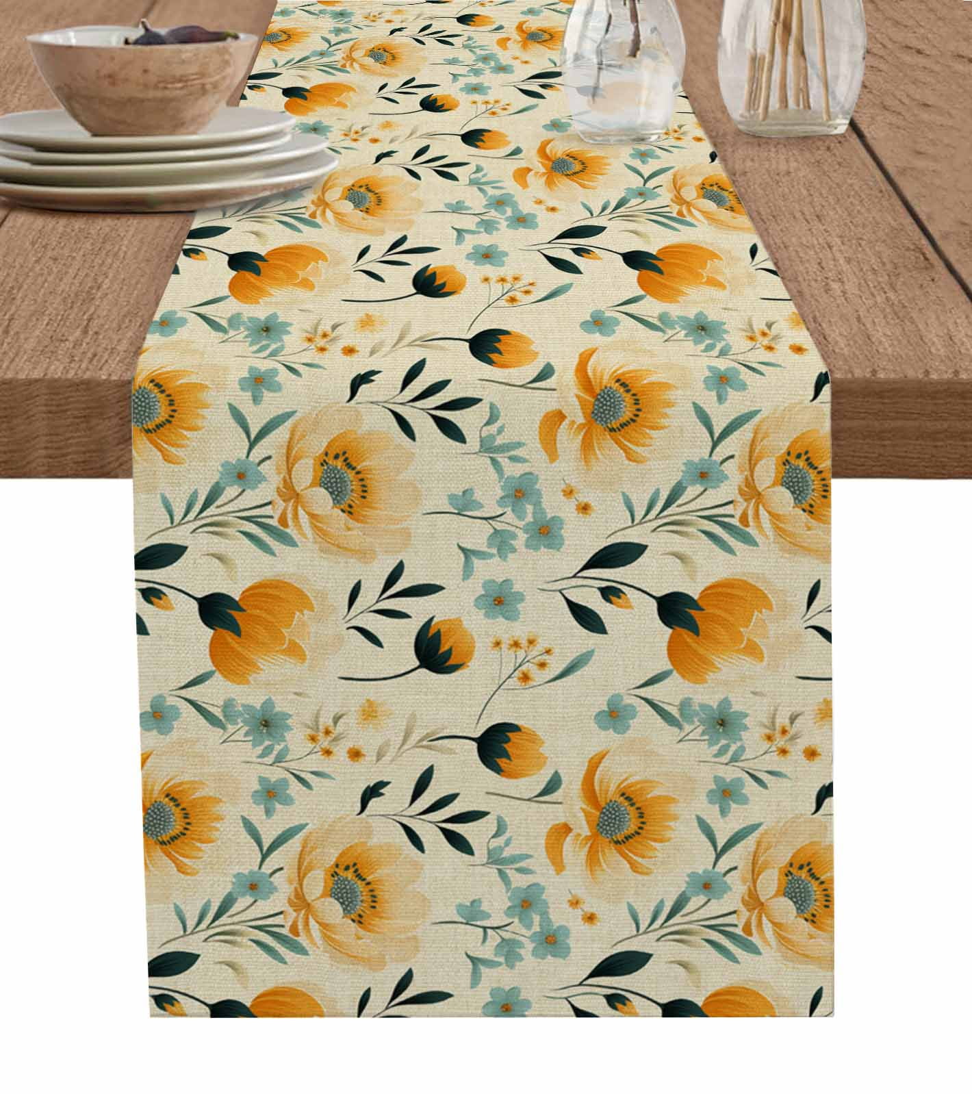 Flowers Leaves Vintage Table Runner Cotton Linen Wedding Table r ...