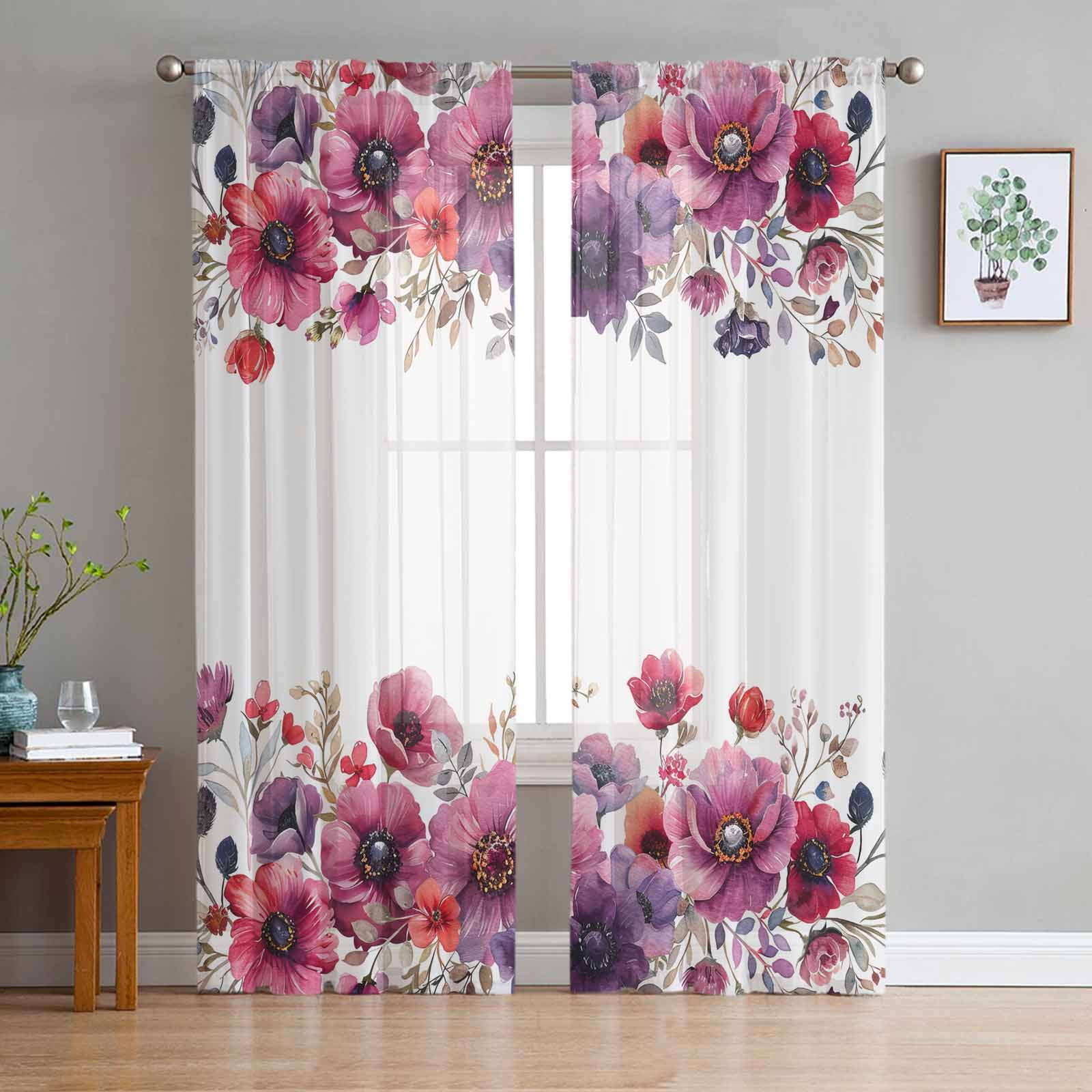 Flowers Leaves Watercolor Sheer Curtains For Living Room Modern Fashion ...