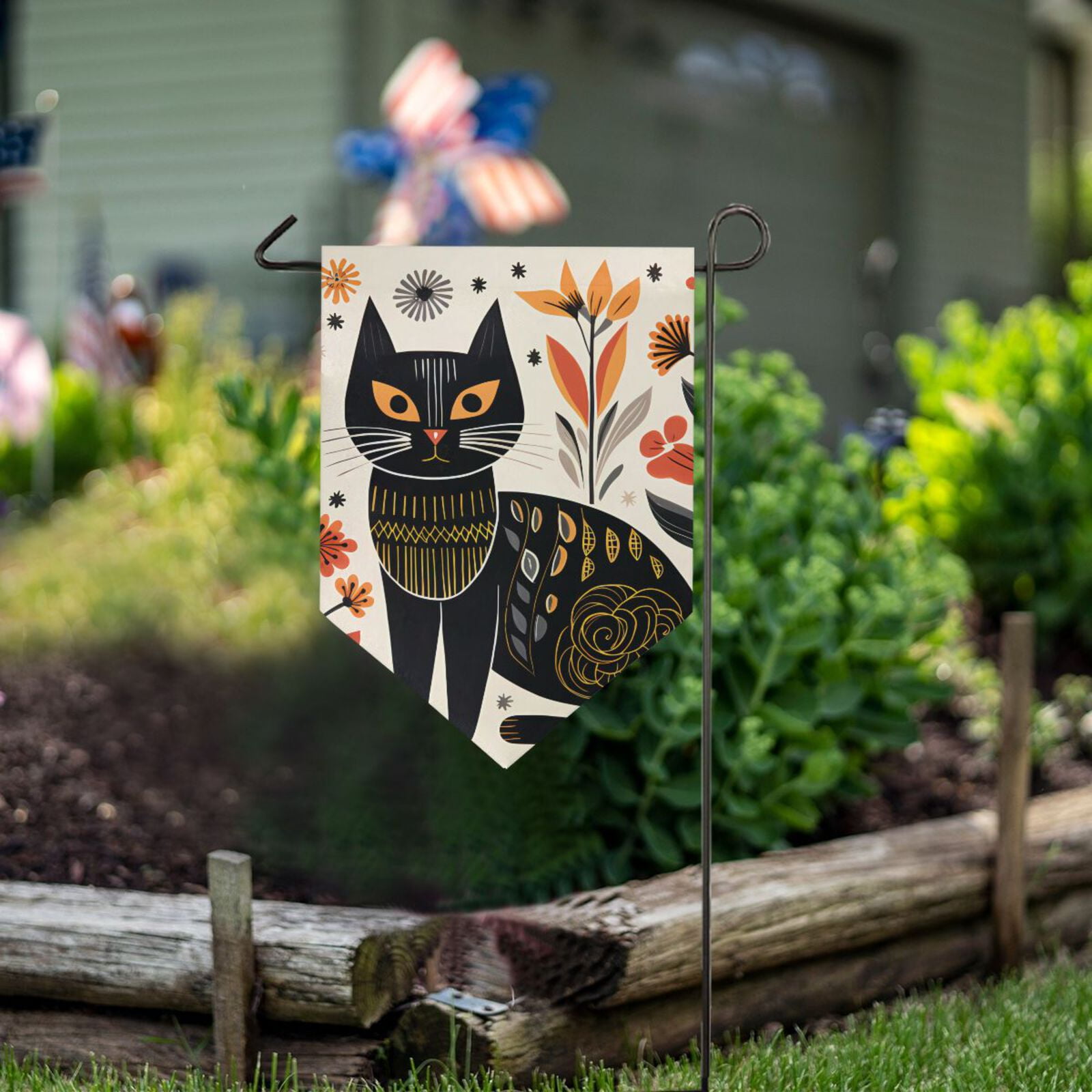 Flowers Leaves and Black Cat Garden Flag 18" x 12.5" Double Sided Yard ...