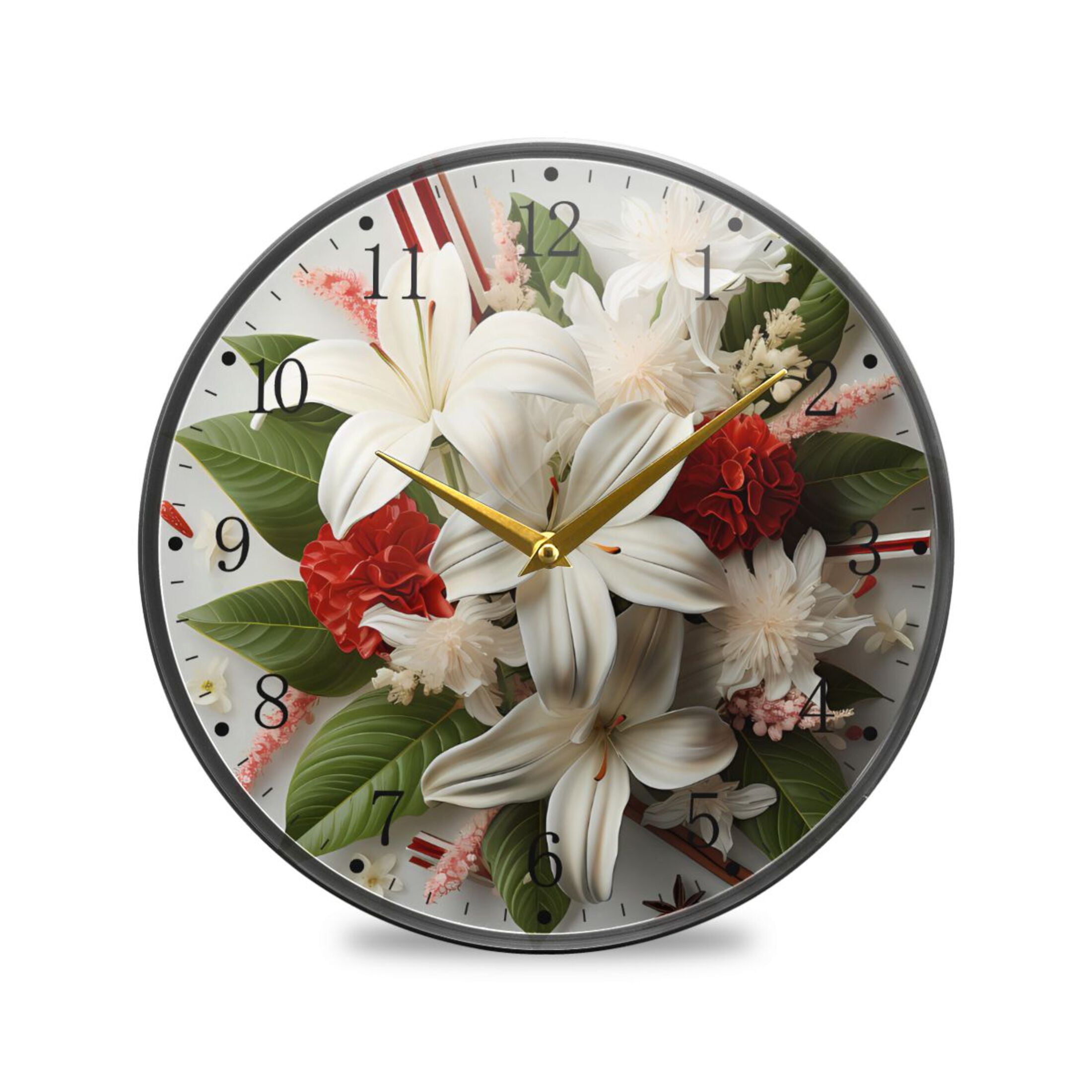 Flowers Lily Floral with Leaves Acrylic Wall Clocks Quiet Round Clock ...