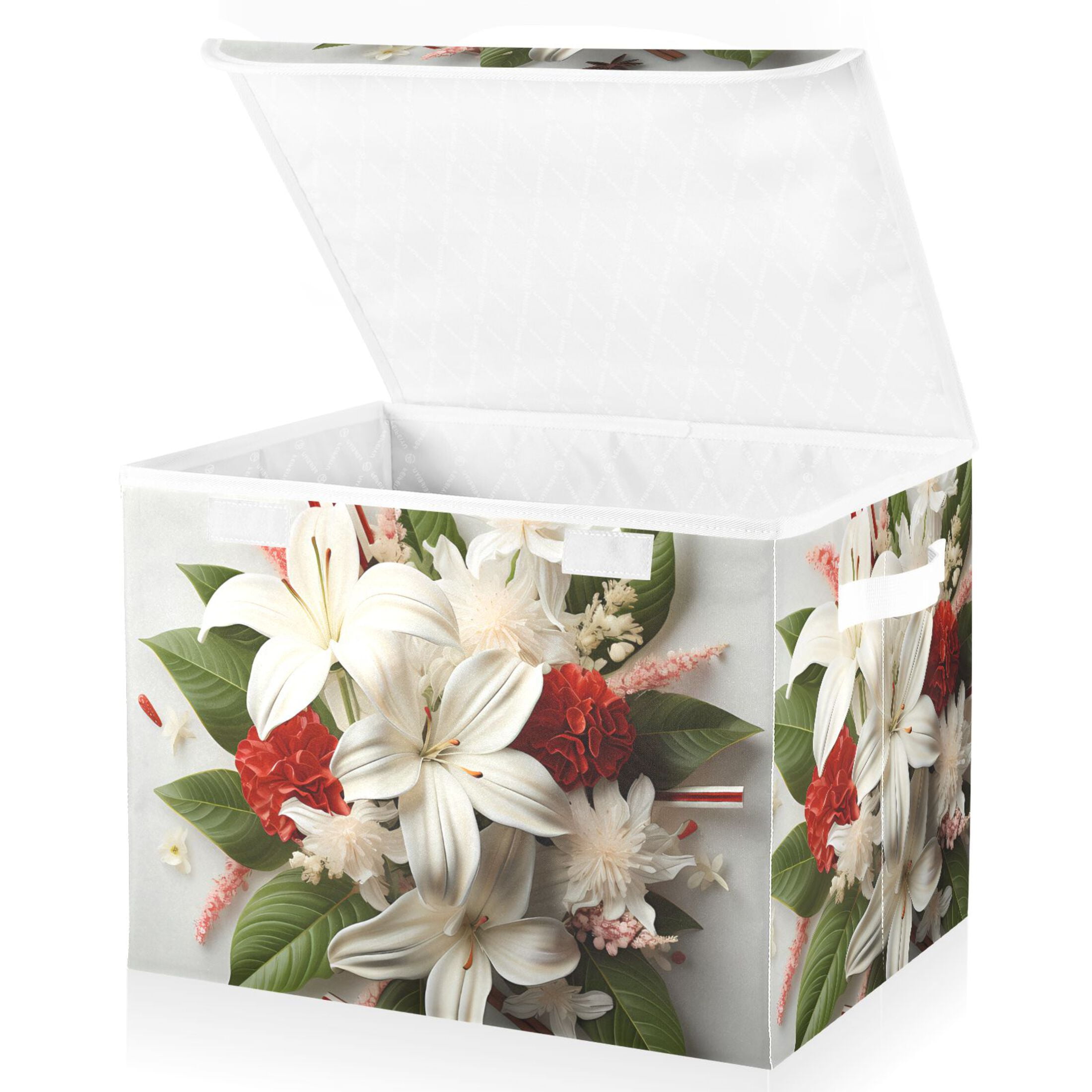 Flowers Lily Floral with Leaves Large Lidded Bin Foldable Storage ...