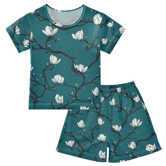 Flowers Magnolia Buds Summer Pajama Set Soft Cotton Short Sleeve ...