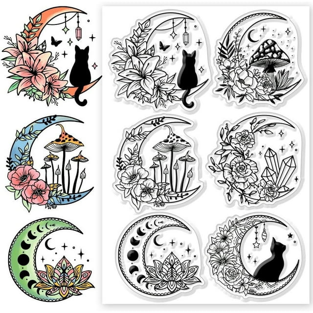 Flowers Moon Clear Stamps Black Cat Silicone Stamps Moon Background ...