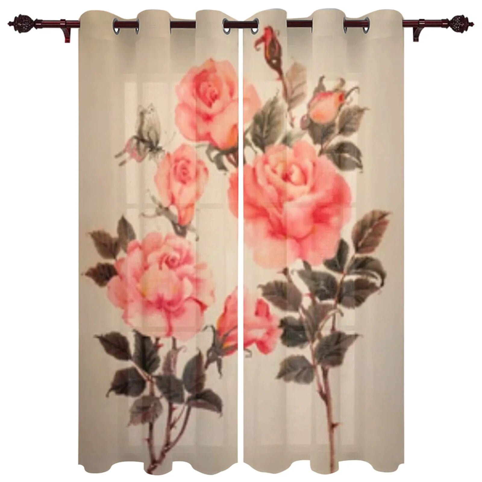 Flowers Of Pink Roses And A Butterfly Window Curtain For Kids Room Home ...