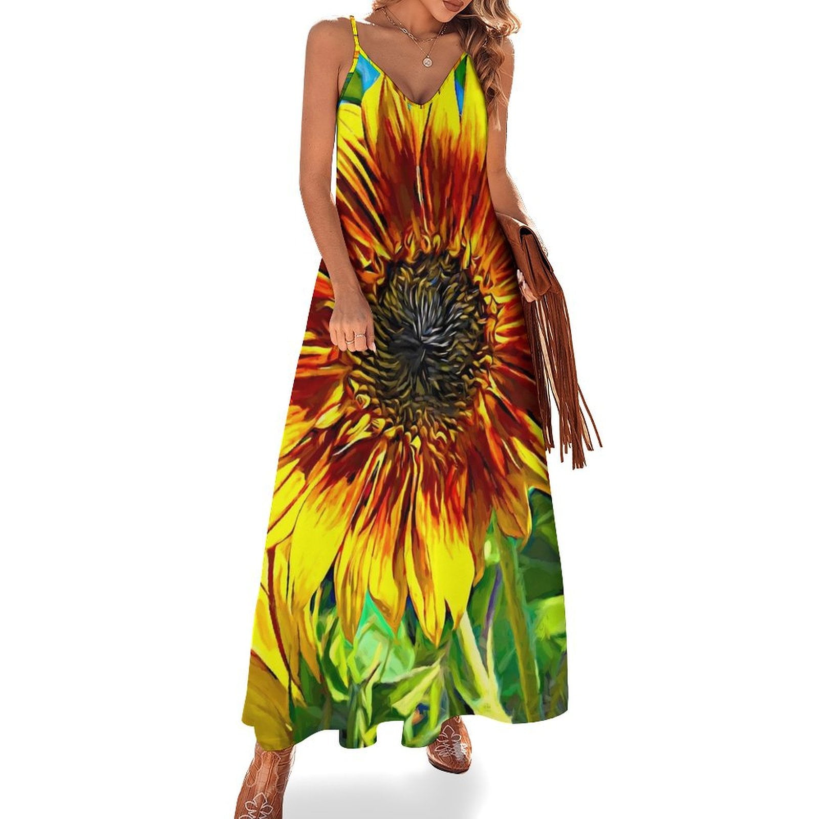 Flowers Oil Painting Dress Floral Print Street Wear Casual Long Dresses ...