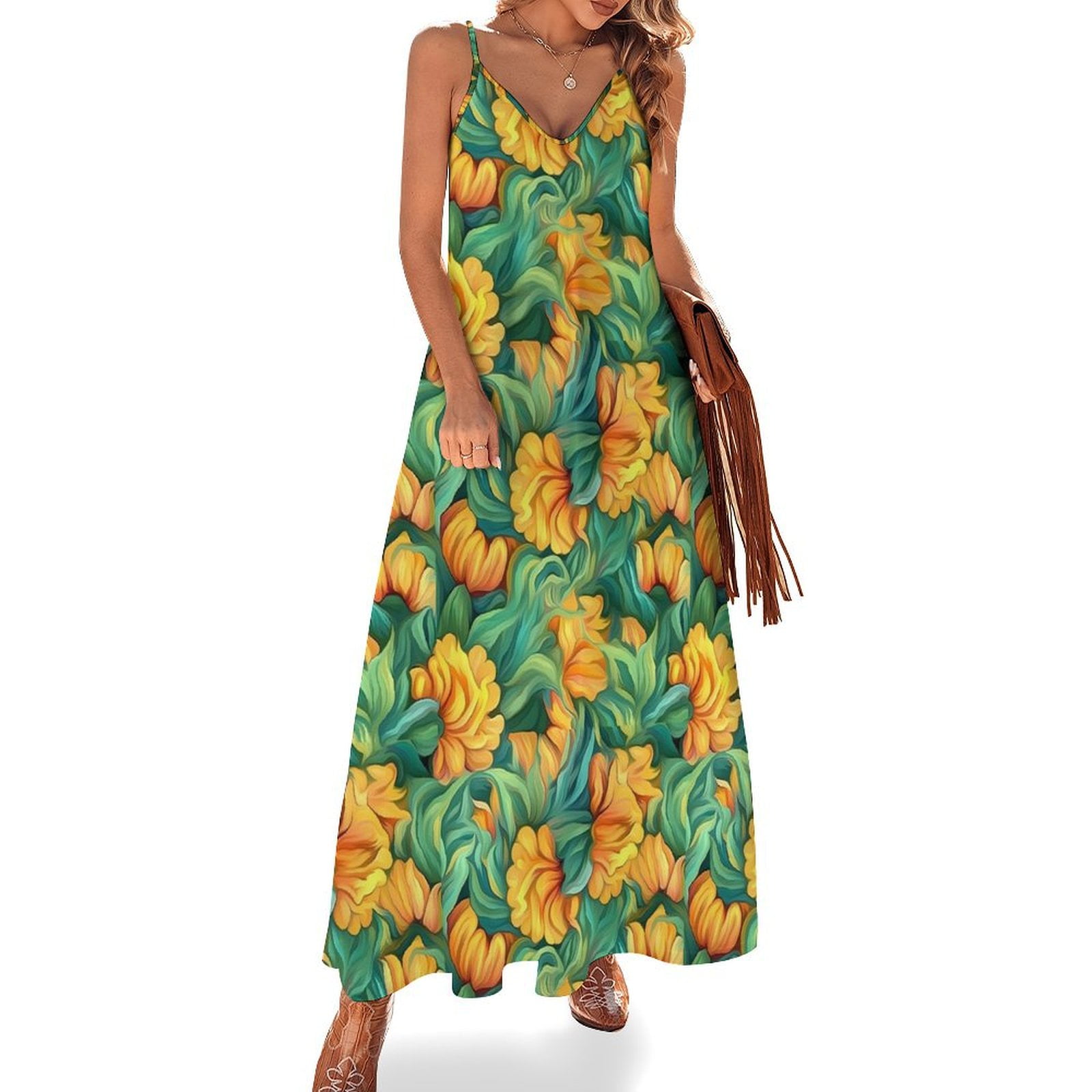 Flowers Oil Painting Dress Floral Print Street Wear Casual Long Dresses ...