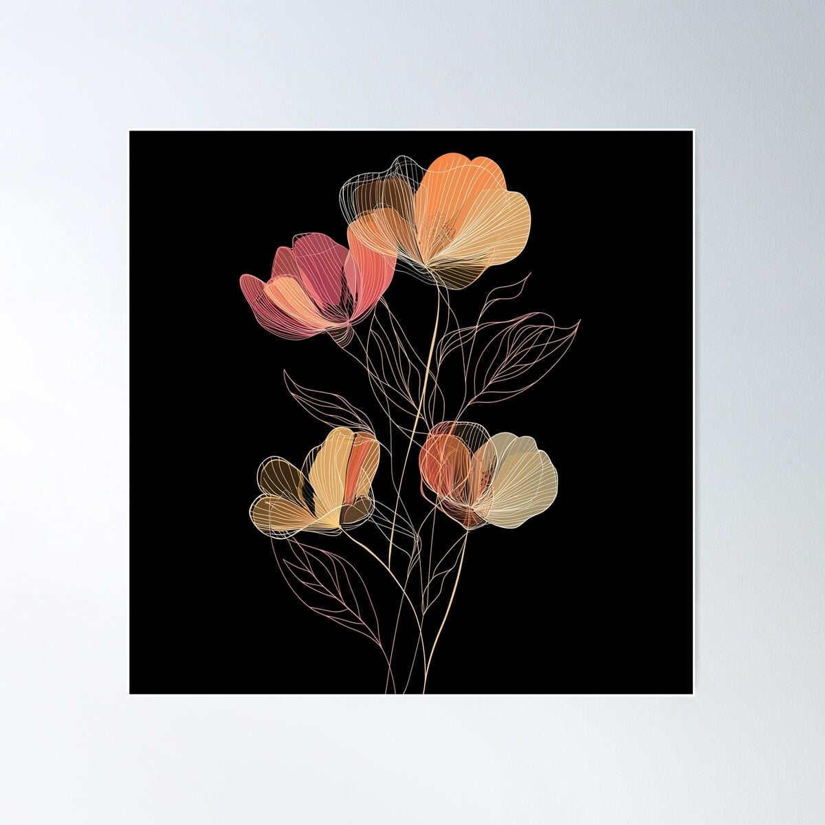 Flowers In One Line Art Style & Boho Style - Vibrat Colors, Black ...