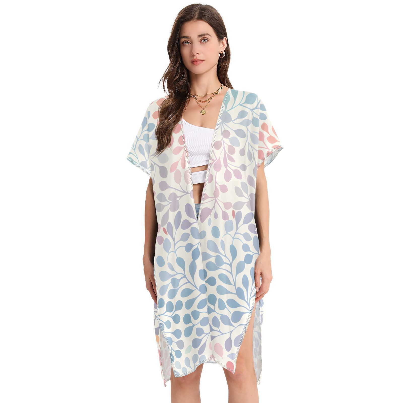 Flowers Or Leaves Women Swimsuit Cover up V Neck Beach Dress Short ...