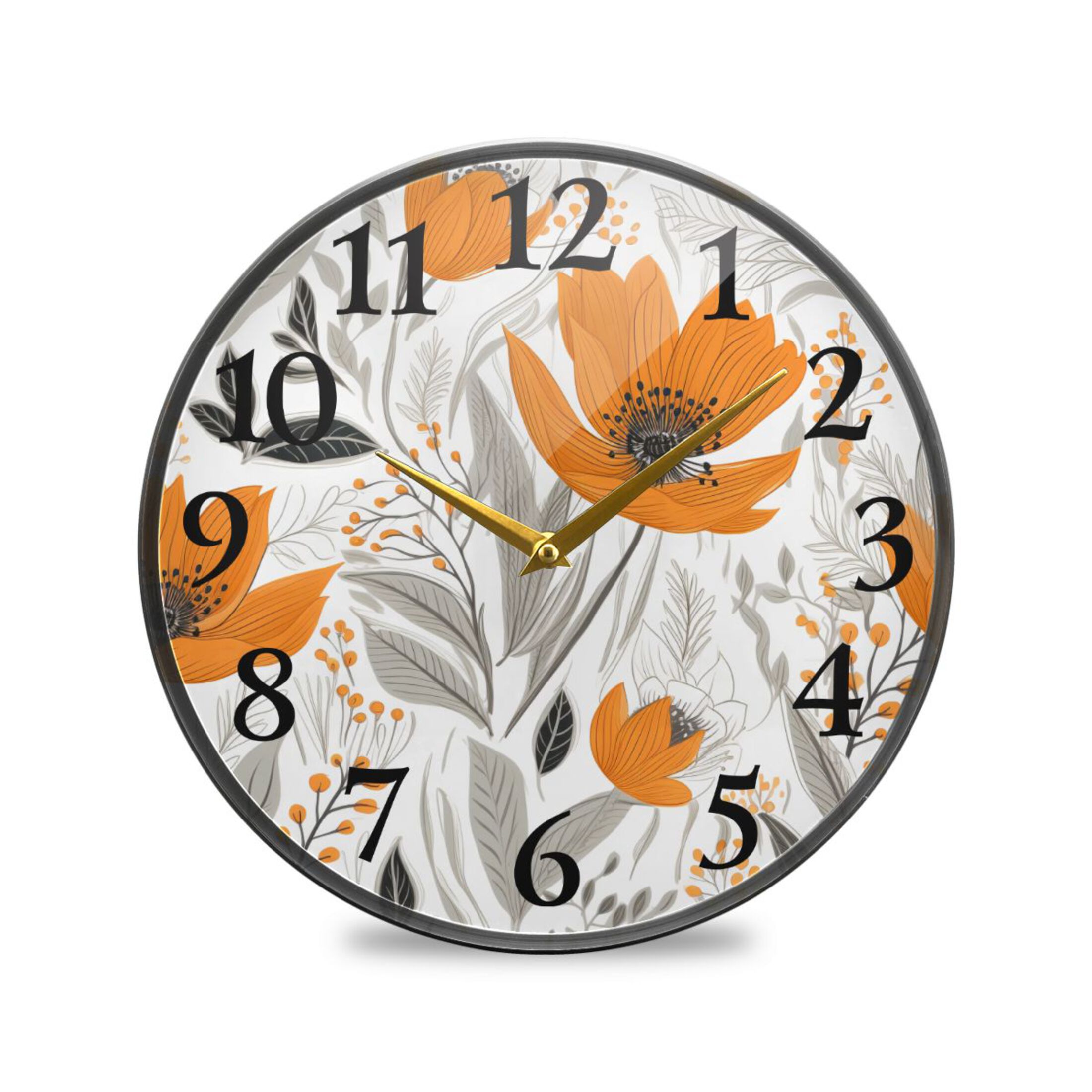 Flowers Orange Wall Clocks Battery Operated 9.5 Inch Round Clock ...