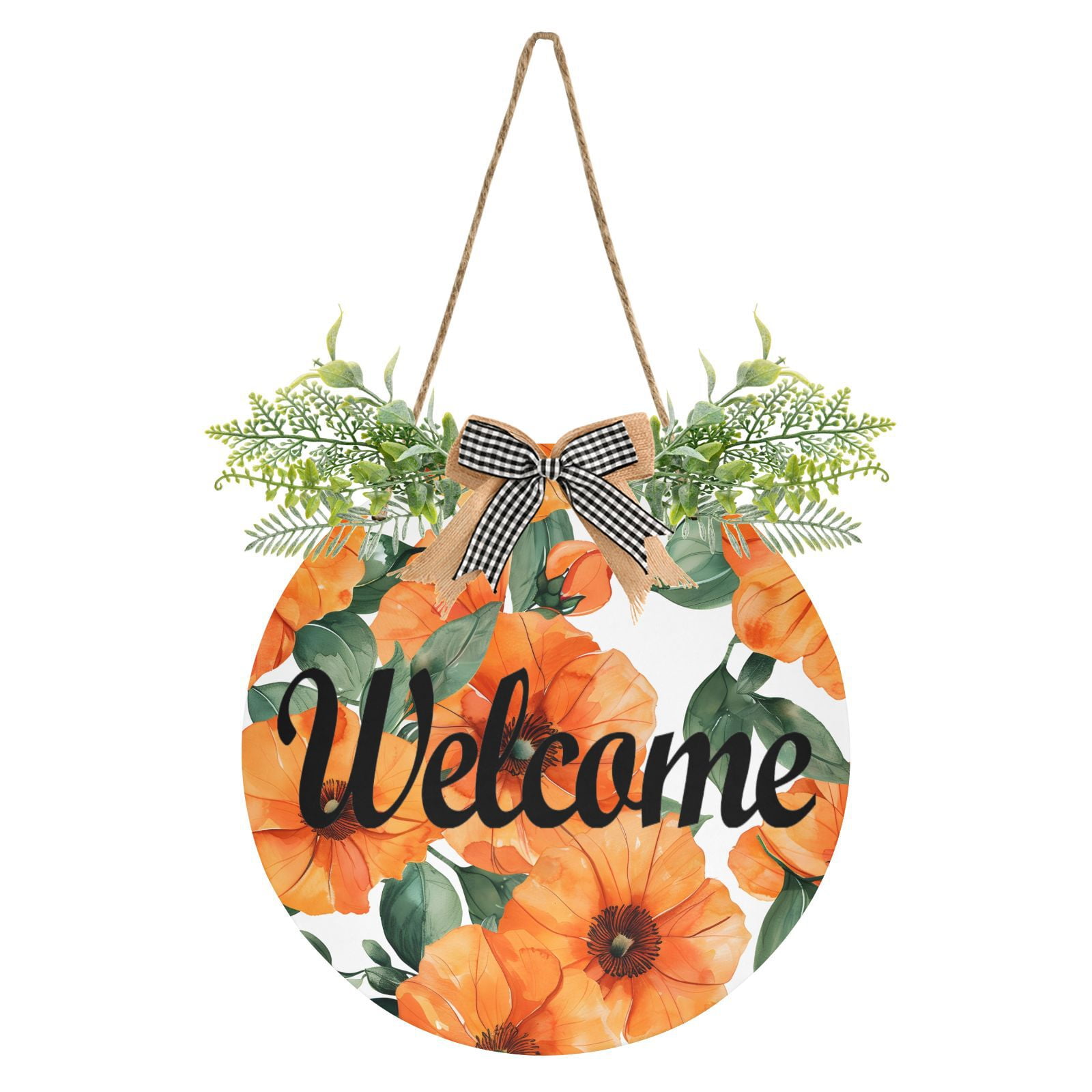 Flowers Orange Welcome Sign for Front Door Wreath Door Sign for ...