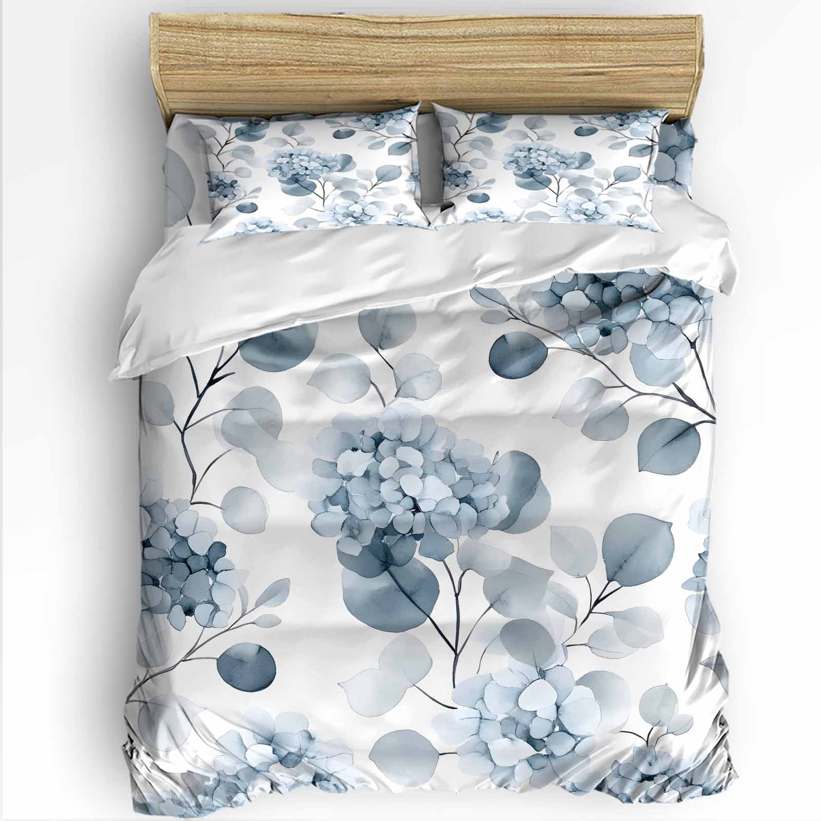 Flowers Pastoral Full Size Comforter Set, Blue Hydrangeas Leaf Soft ...