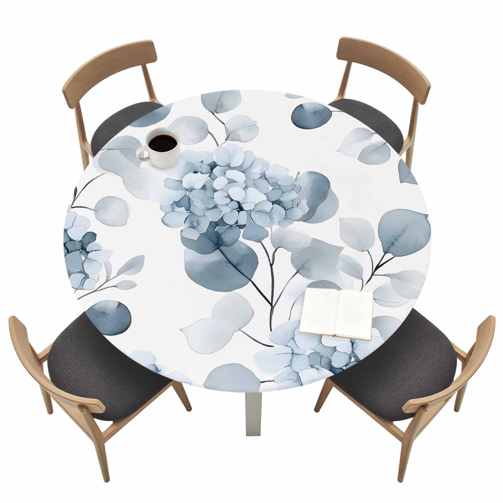 Flowers Pastoral Round Fitted Tablecloth with Elastic Edge Blue ...