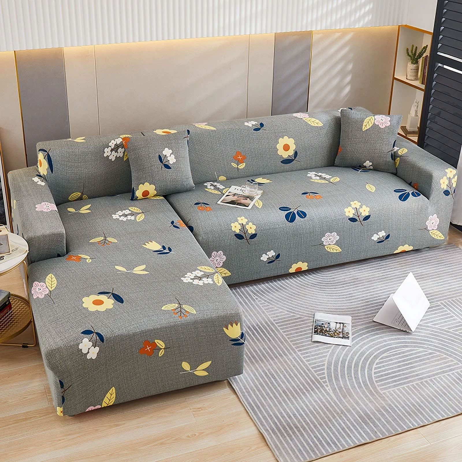 Flowers Pattern Gray 1 2 3 Seater Chaise Longue Sofa Covers for Living ...
