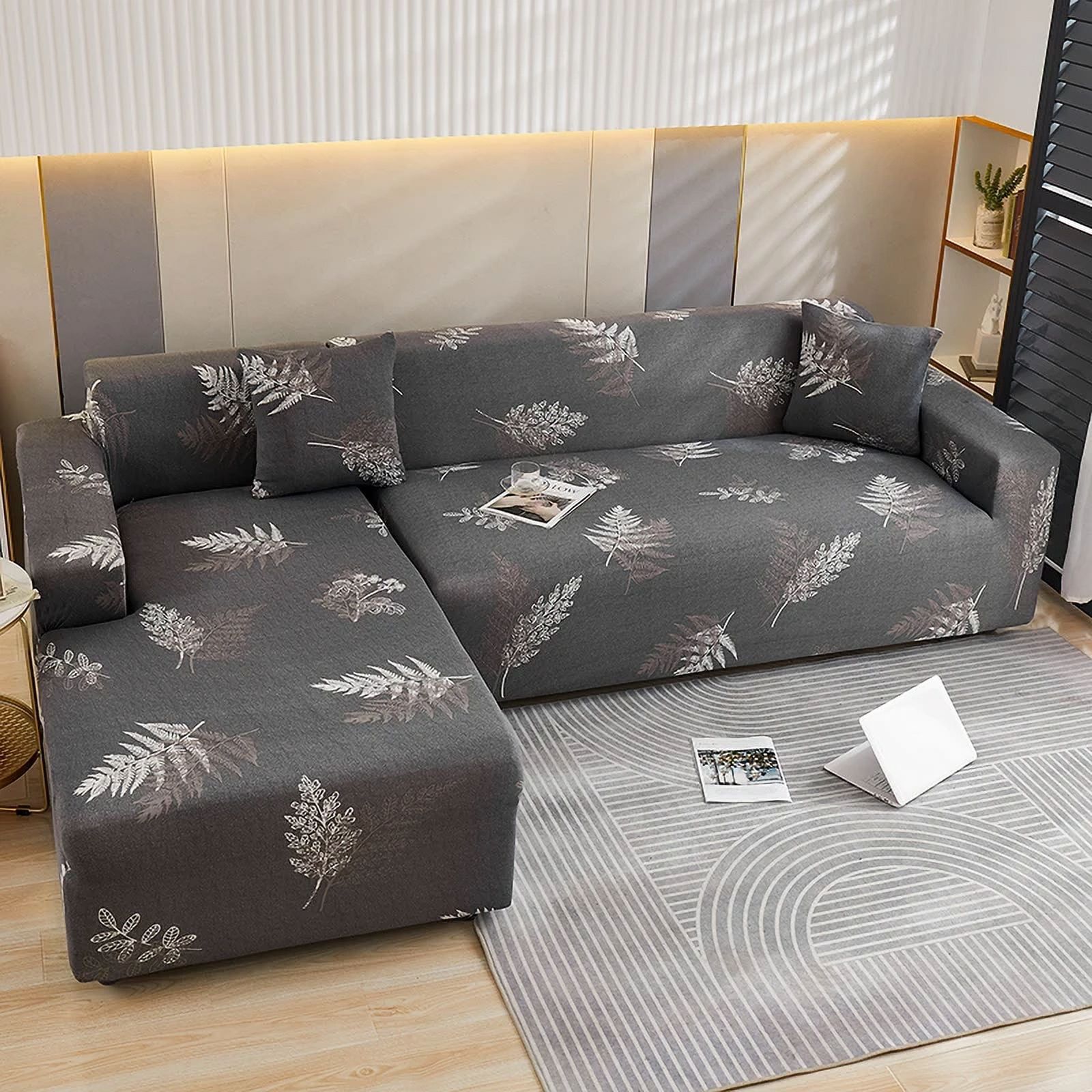 Flowers Pattern Gray 1 2 3 Seater Chaise Longue Sofa Covers for Living Room Elastic Covers ...