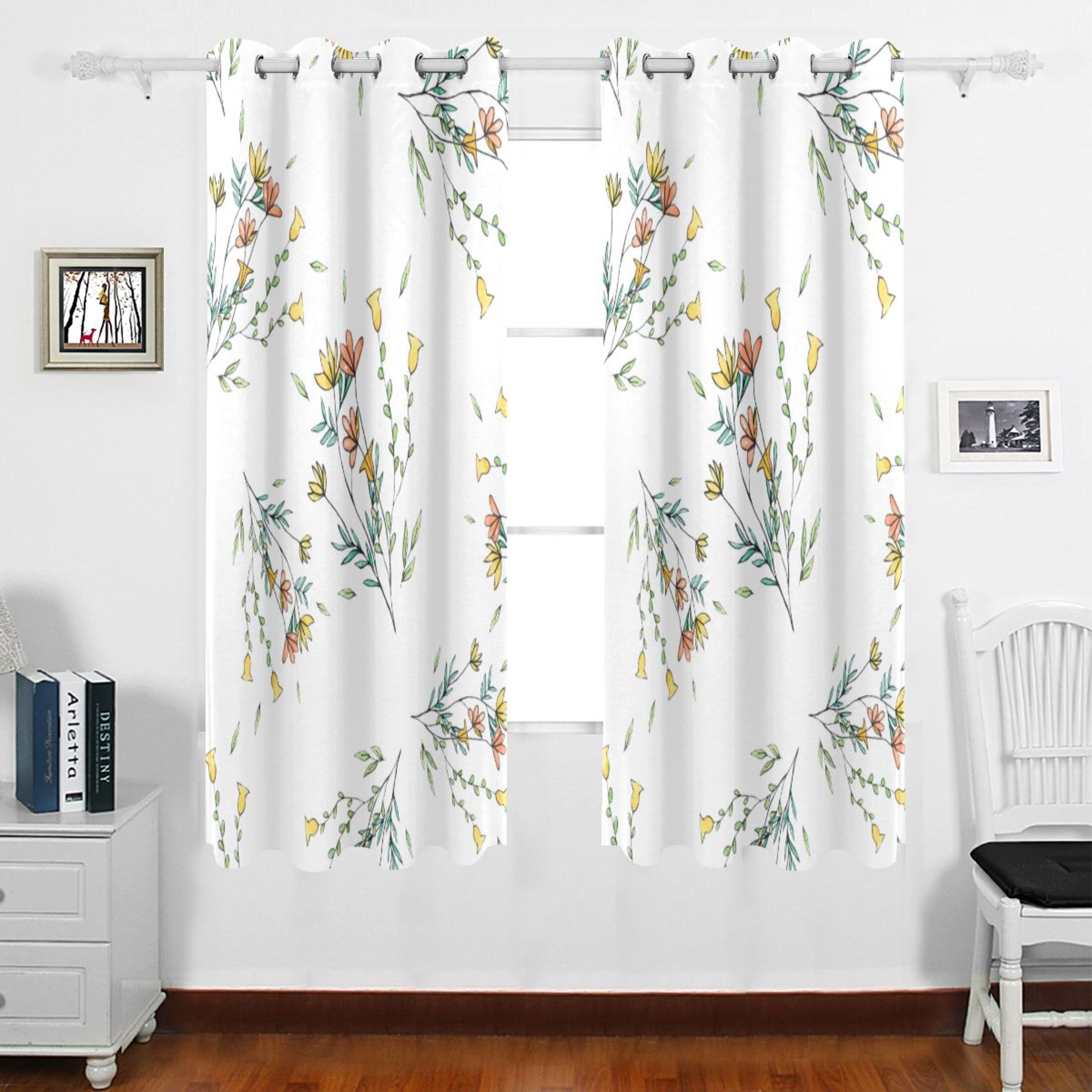 Flowers Pattern Leaf Grommet Blackout Curtains Thermal Insulated Window ...