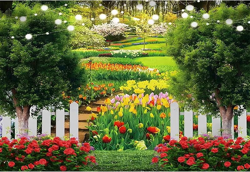 Flowers Photography Backdrop Spring Garden Fence Tree Floral Photo ...
