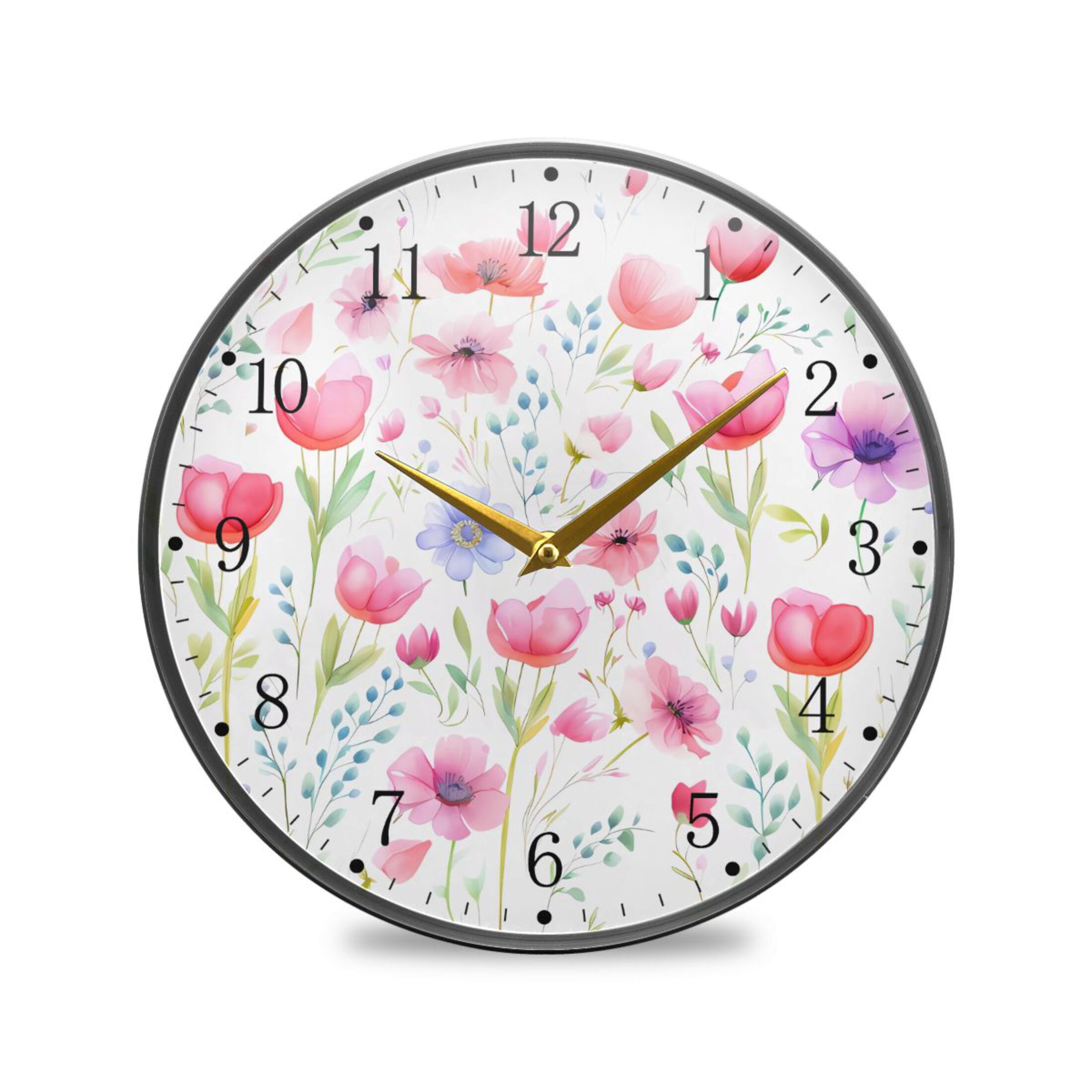 Flowers Pink Floral Acrylic Wall Clocks Quiet Round Clock Battery ...