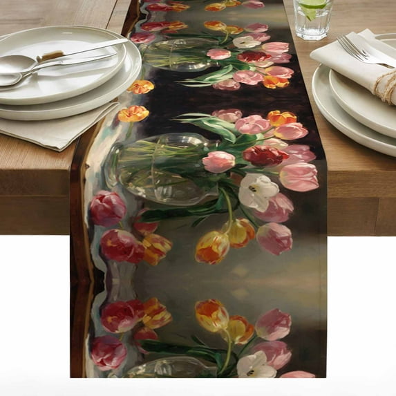 Flowers Pink Table Runner 13x108 inch Tulips in Bottle Cotton Linen ...