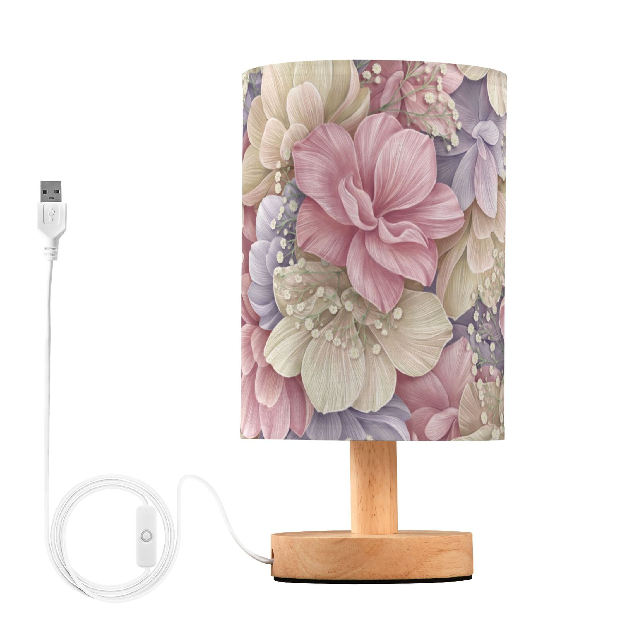 Flowers Pink and Beige Hydrangea Bedside Table Lamp LED Warm Lights ...