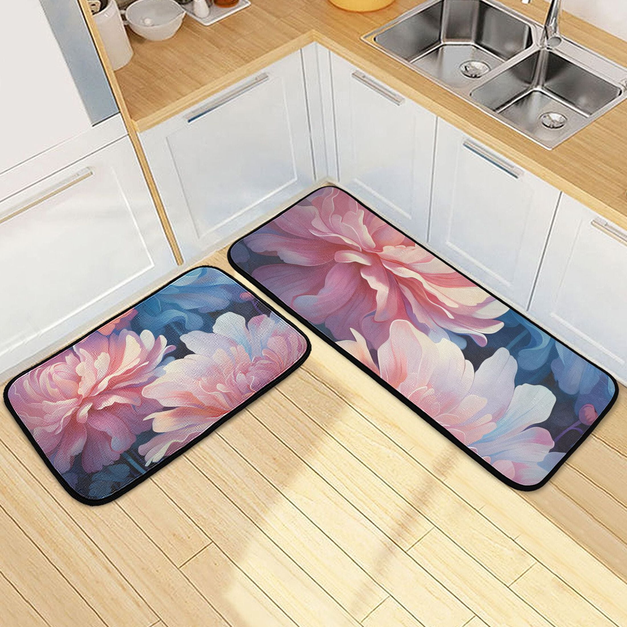 Flowers Pink and Blue Kitchen Mats Set 2 Piece Non Slip Floor Foam Rugs ...