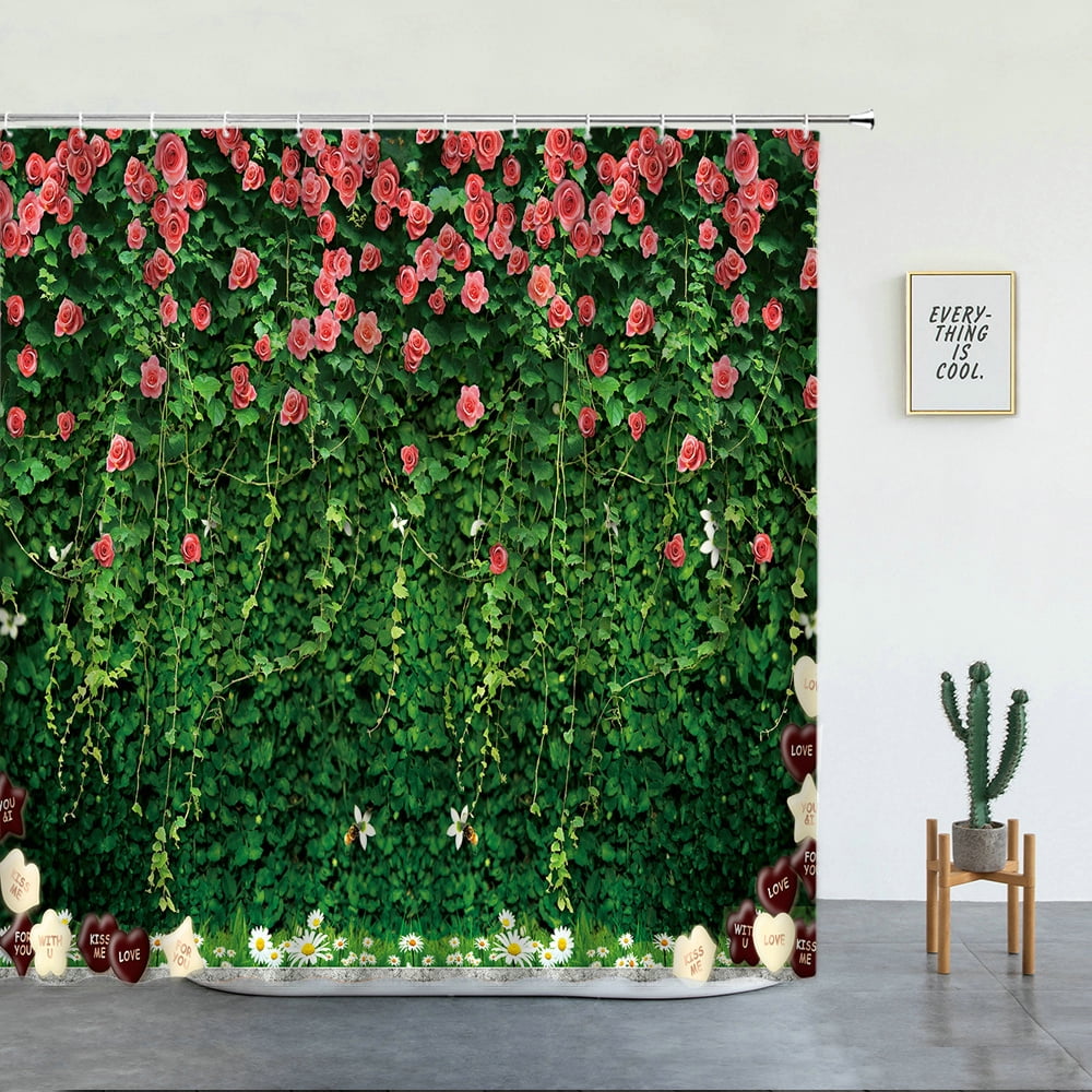 Flowers Plant Scenery Shower Curtains Set Floral Green Leaf Landscape Garden Wall ration ...