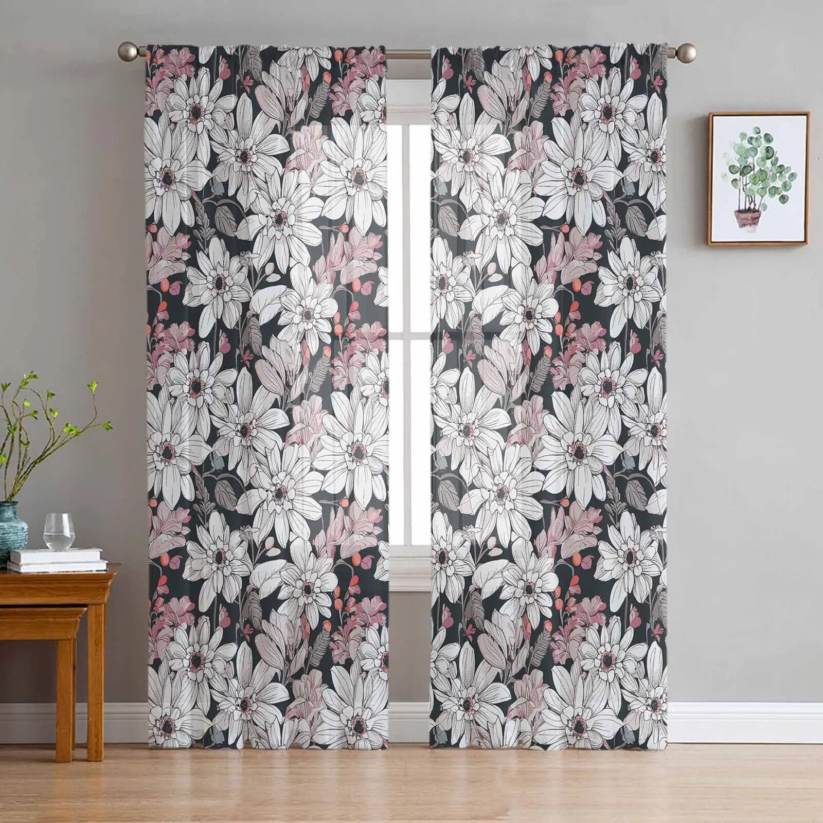 Flowers Plants Leaves Tulle Curtains for Living Room Bedroom Modern ...