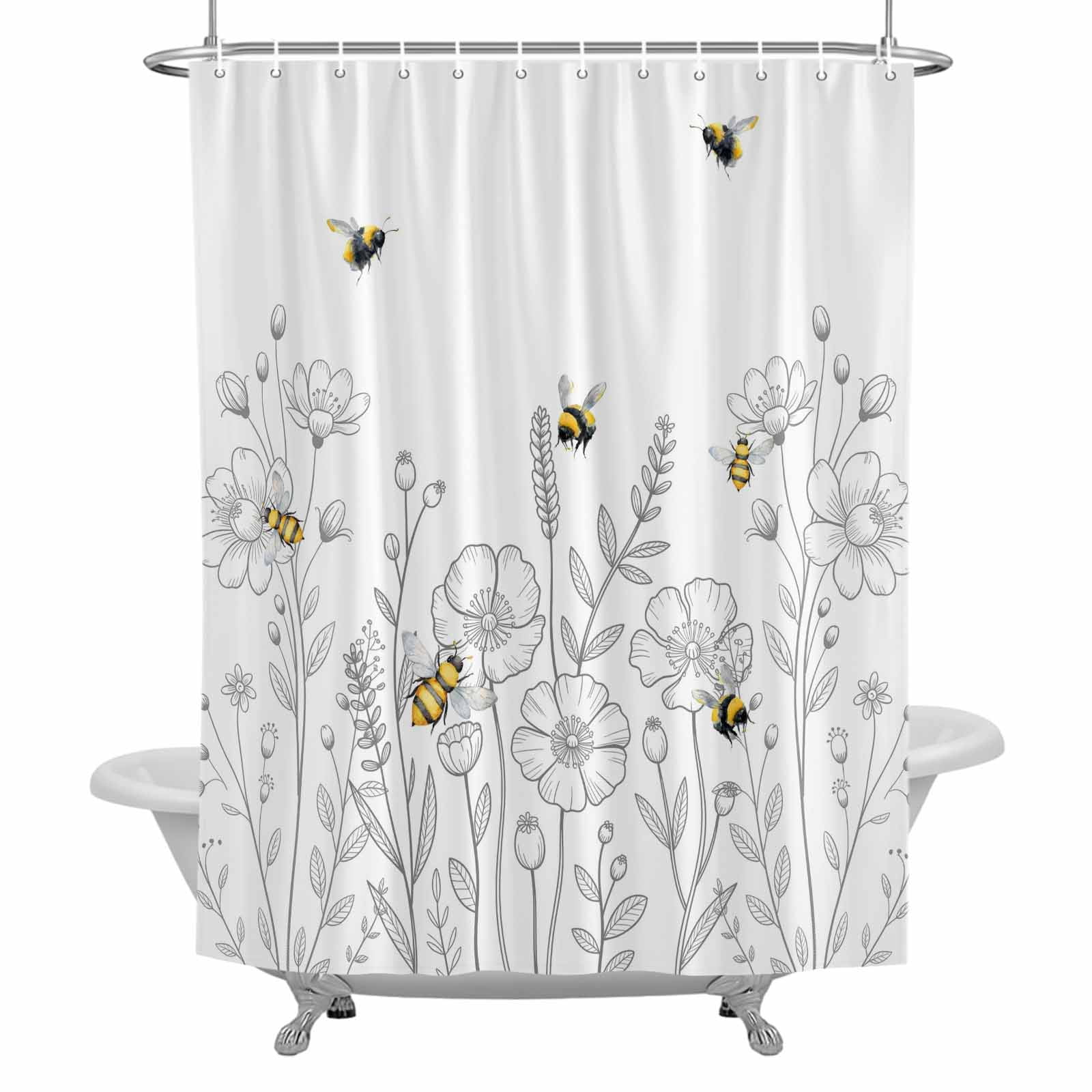 Flowers Plants Shower Curtain for Bathroom, Abstract Spring Black Line ...