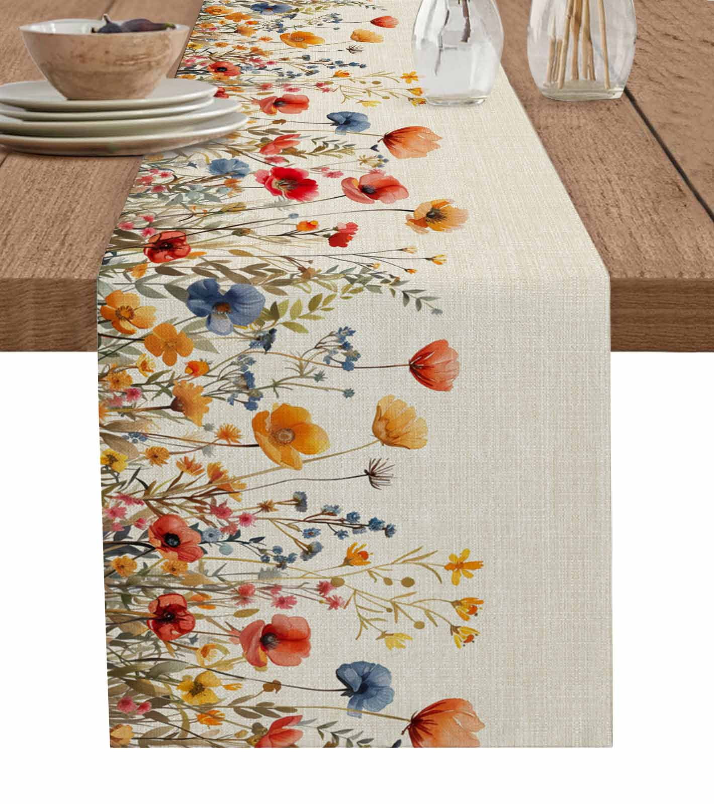 Flowers Plants Watercolor Leaves Table Runner for Dining Table Kitchen ...