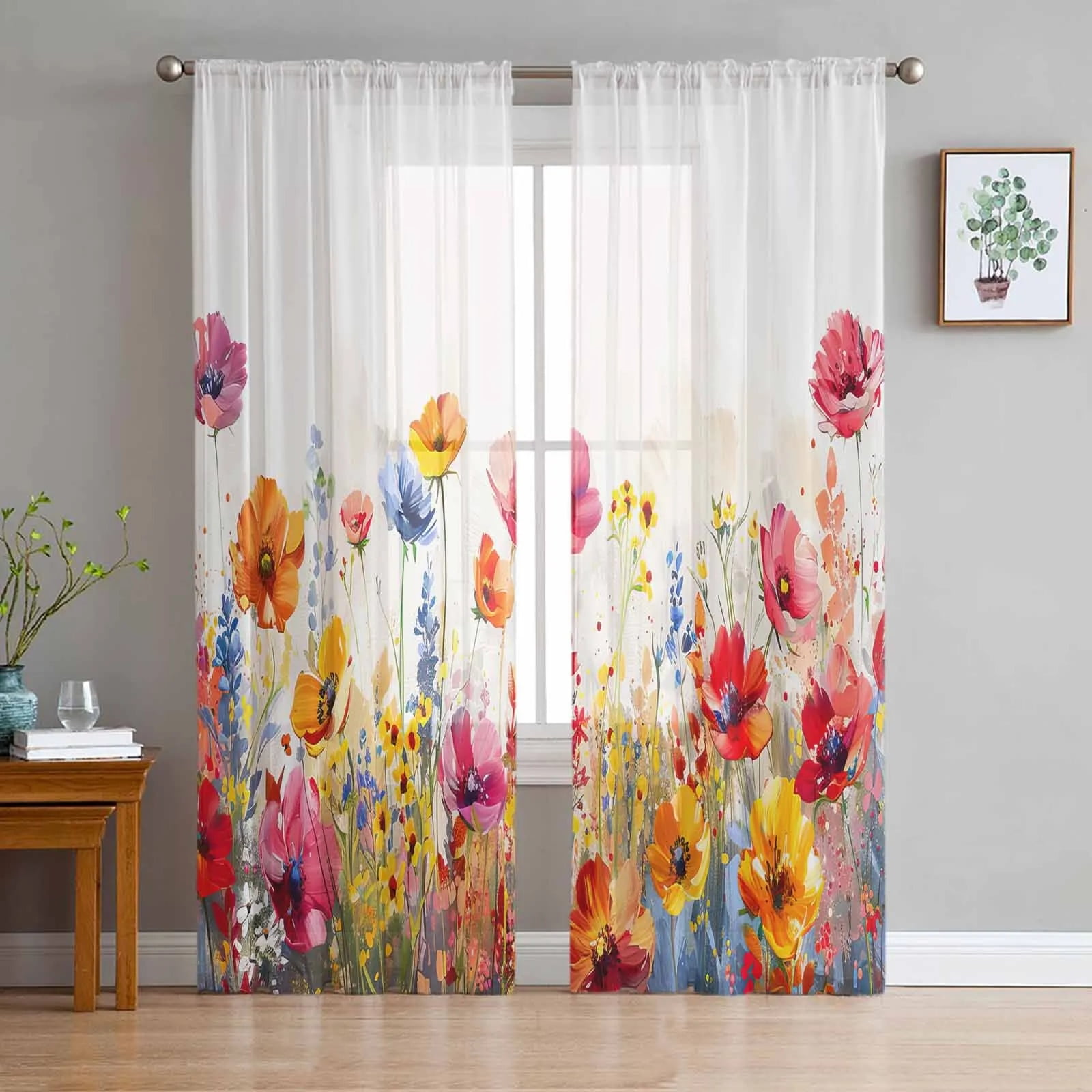 Flowers Plants Watercolor Leaves Tulle Curtains for Living Room Bedroom ...
