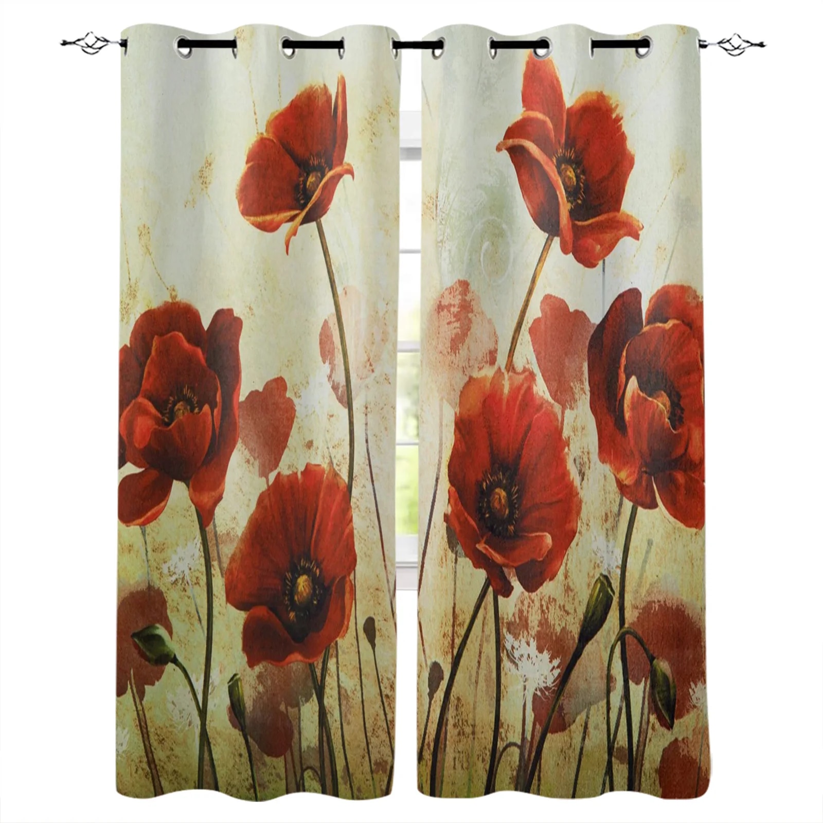 Flowers Poppies Watercolor Painting Window Curtains Home Decor Living ...