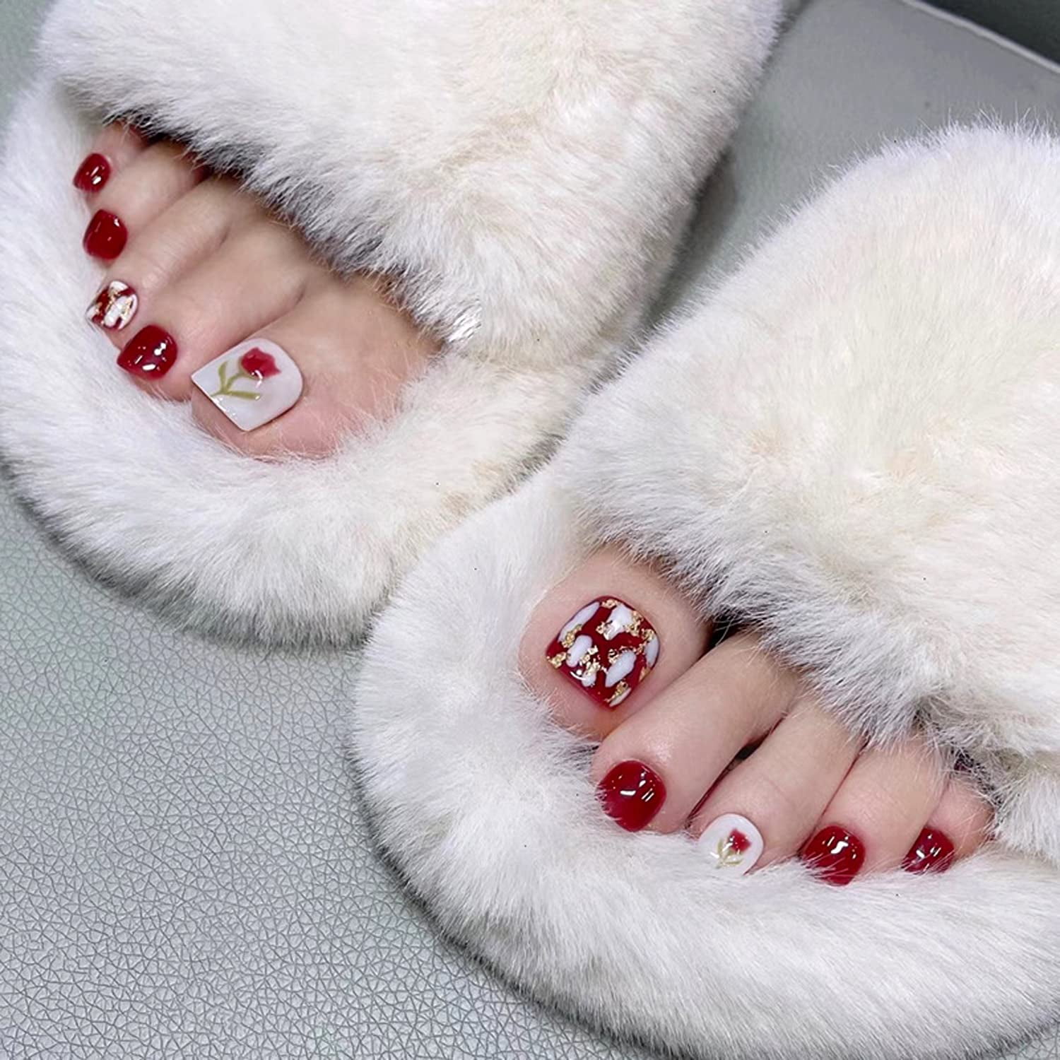 Flowers Press on Toenails,Square Red False Toe Nails,Full Cover With ...