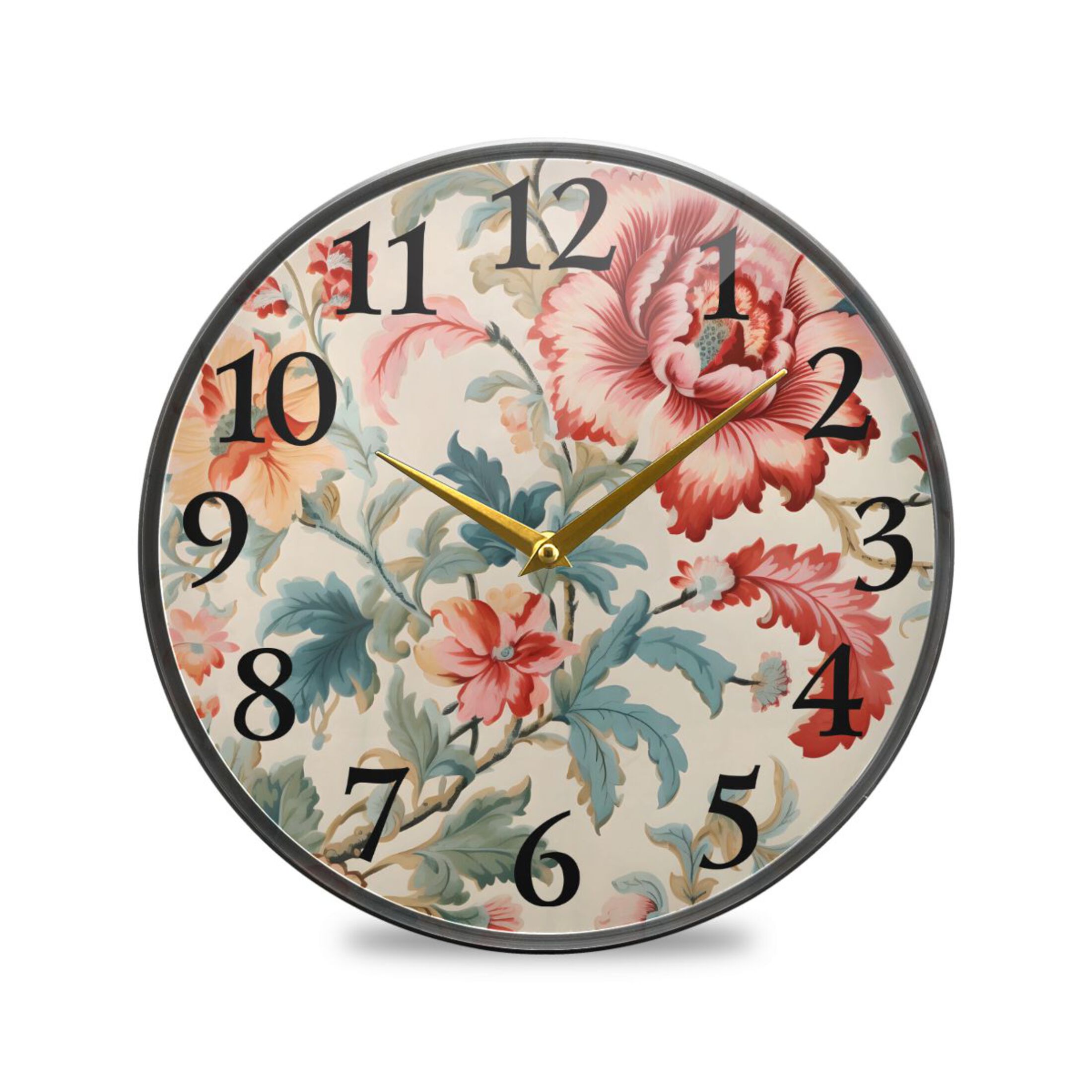 Flowers Print Wall Clocks Battery Operated 9.5 Inch Round Clock Acrylic ...