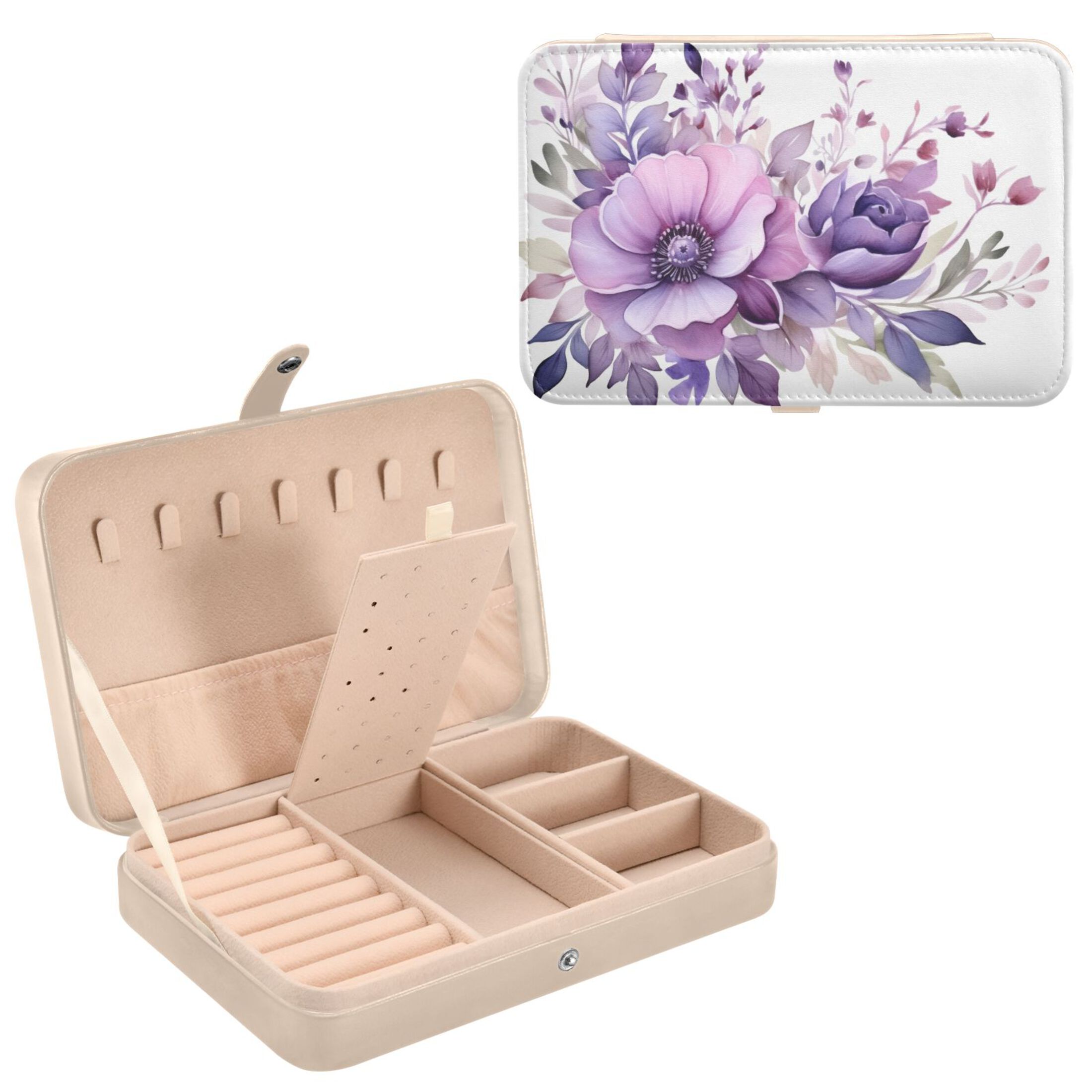 Flowers Purple Jewelry Box PU Leather Travel Small Jewelry Organizer ...