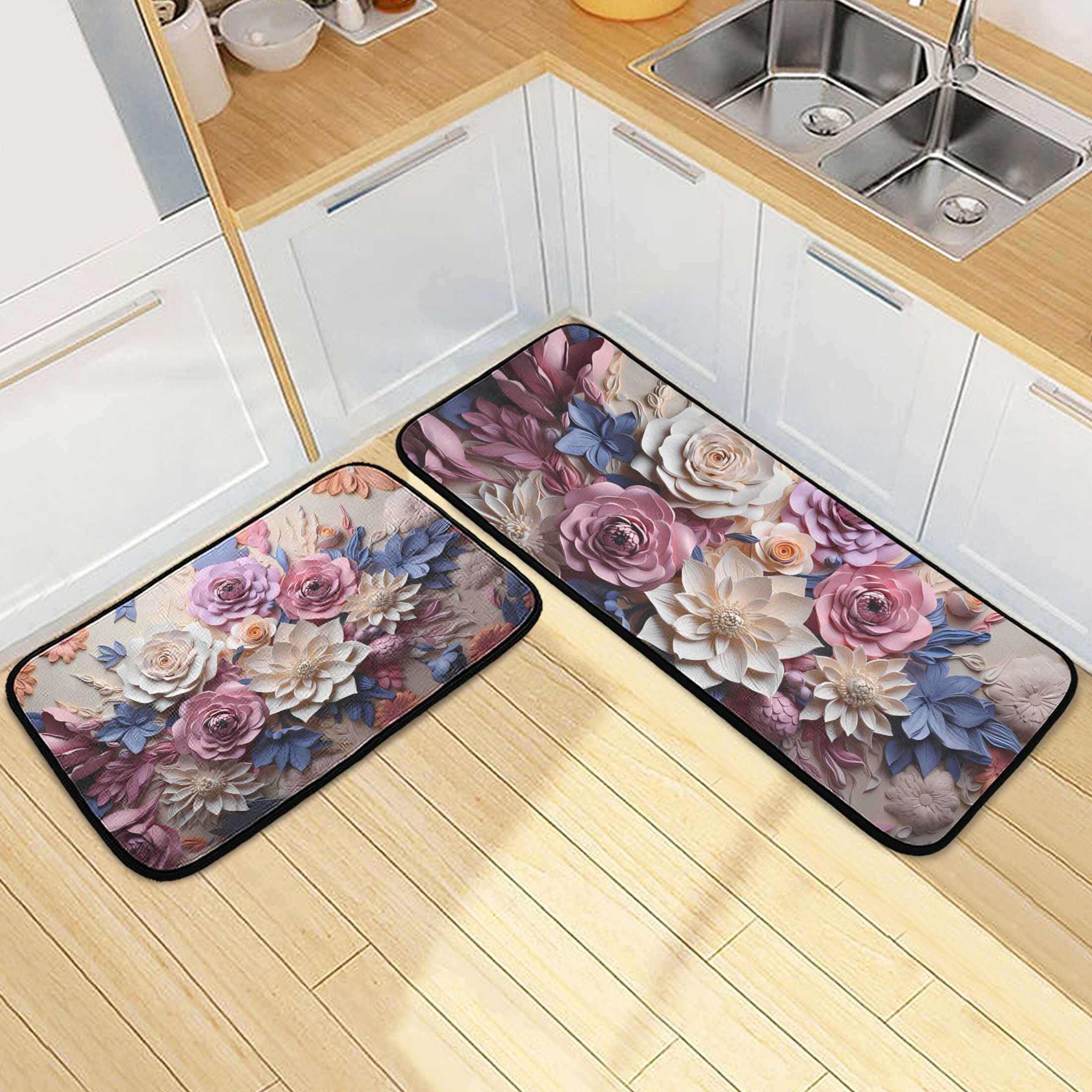 Flowers Purple Kitchen Rugs Set of 2 Non Slip Floor Foam Mat Cushioned ...