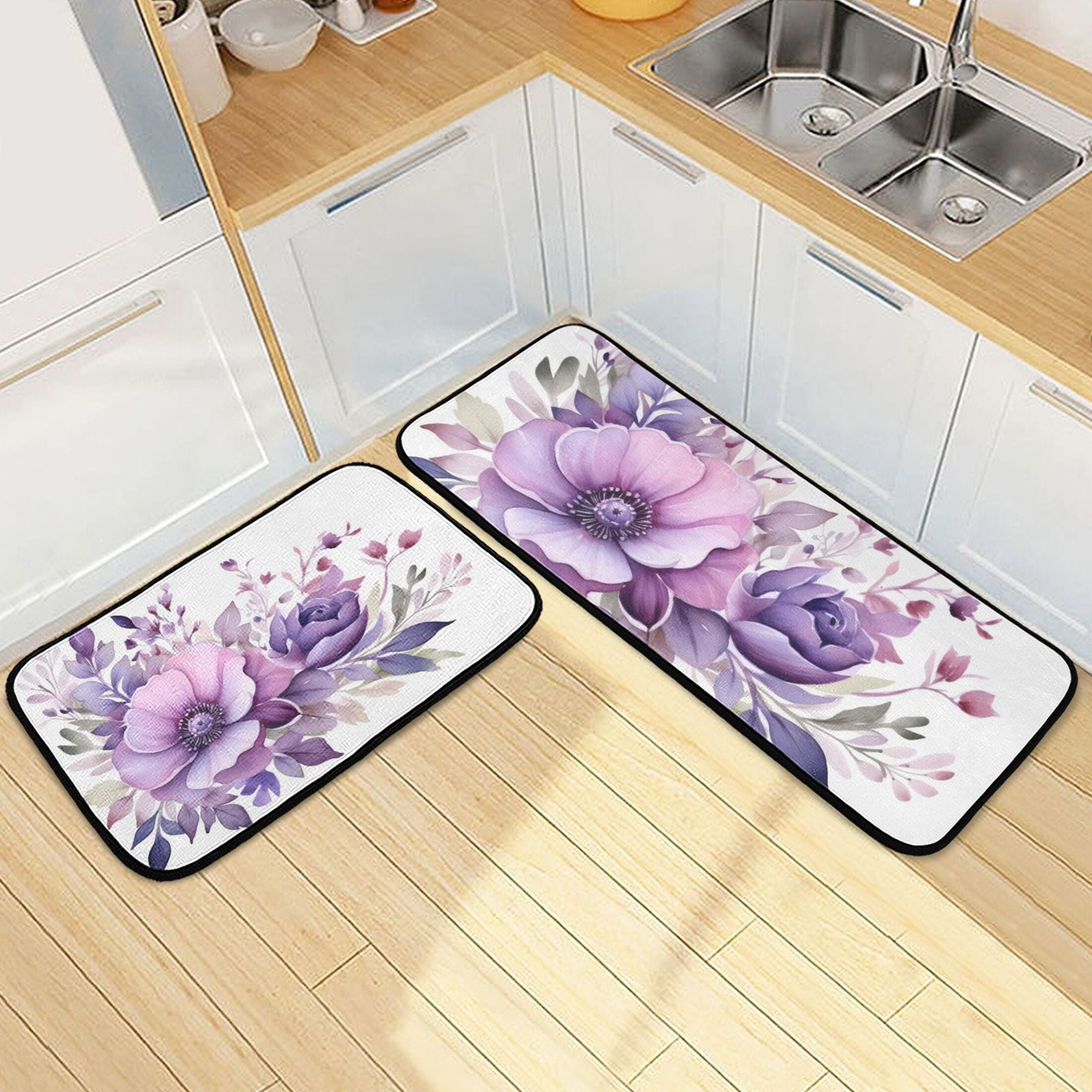 Flowers Purple Kitchen Rugs Set of 2 Non Slip Floor Foam Mat Cushioned ...