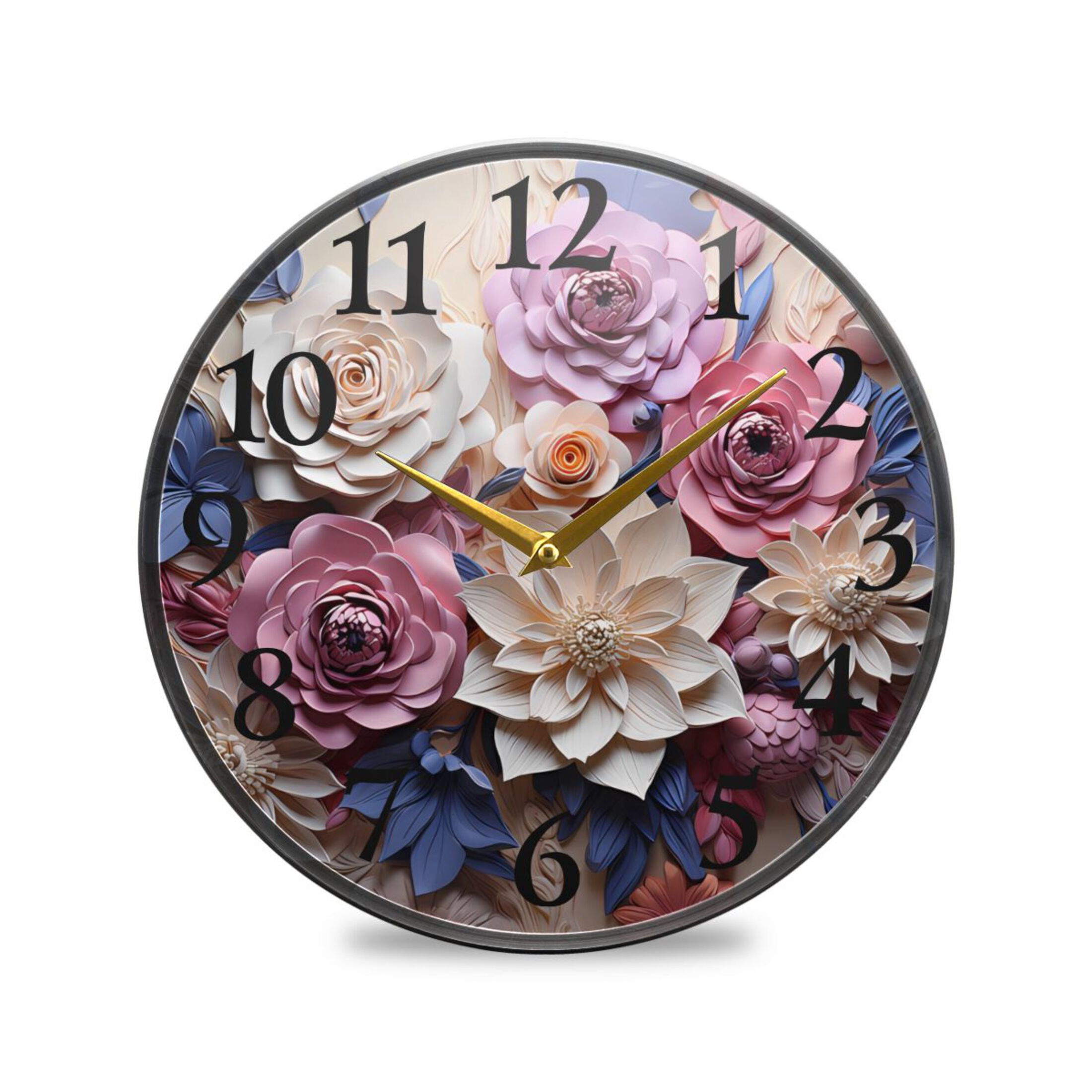 Flowers Purple Wall Clocks Battery Operated 11.9 Inch Round Clock ...