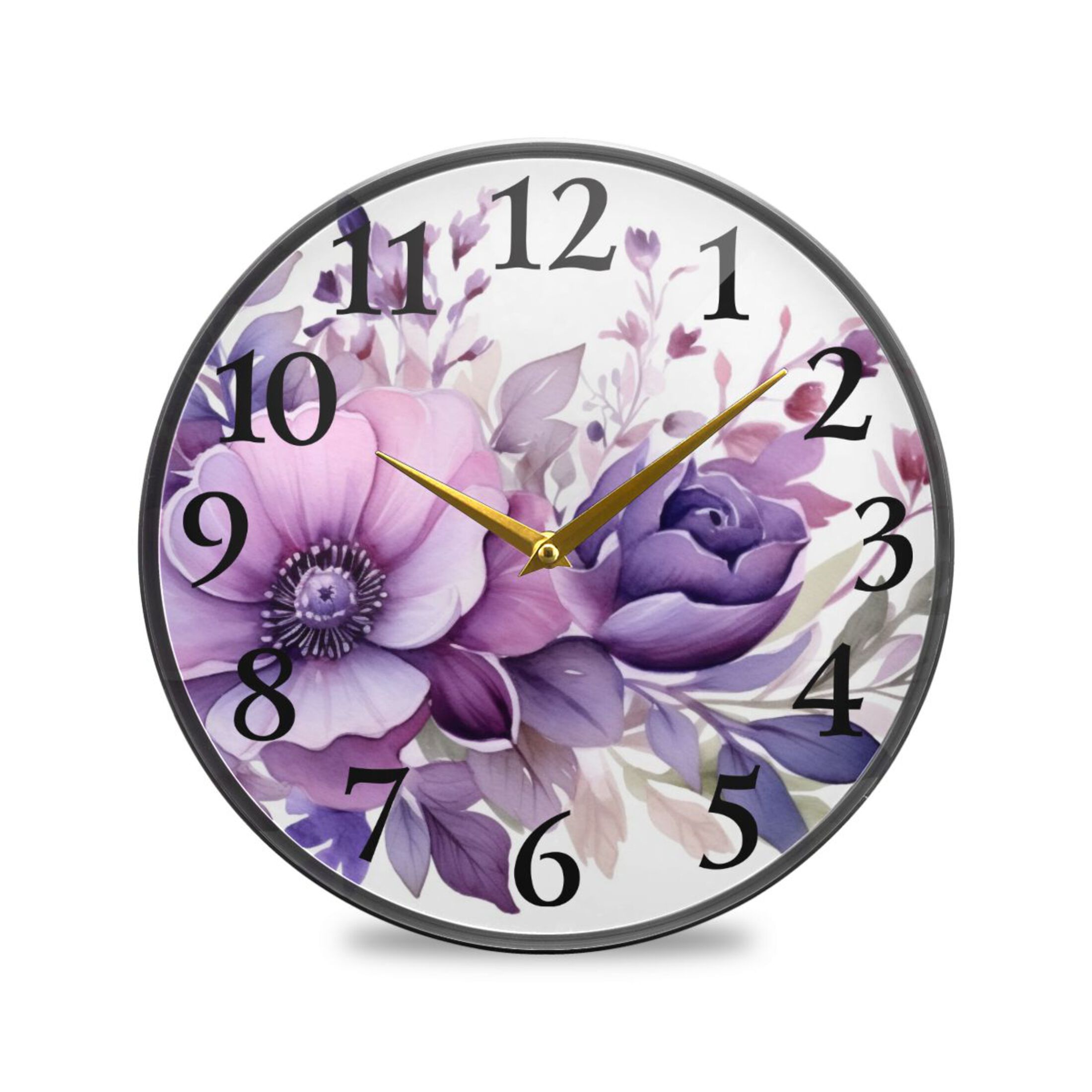Flowers Purple Wall Clocks Battery Operated 9.5 Inch Round Clock ...