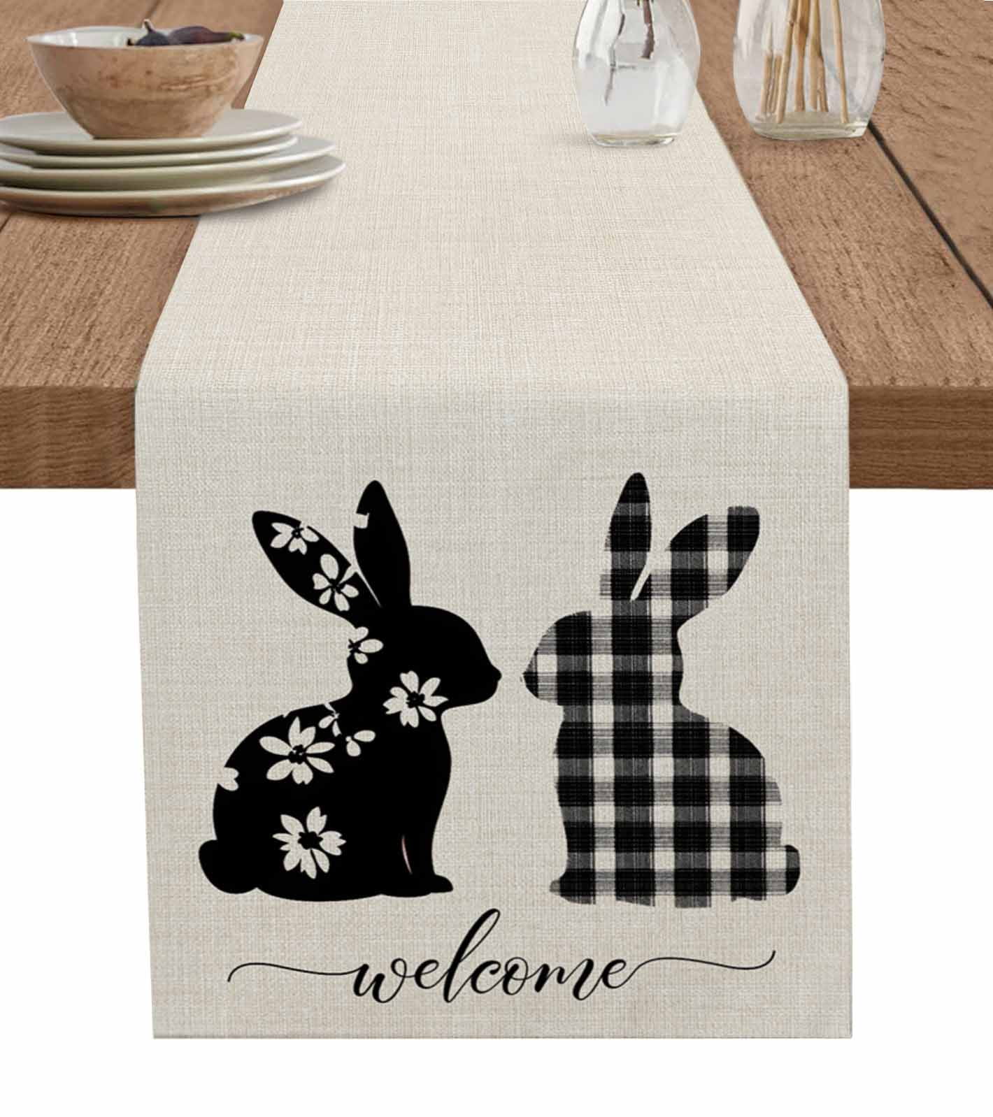 Flowers Rabbit Table Runner 70 Inches, Spring Easter Black Plaid ...
